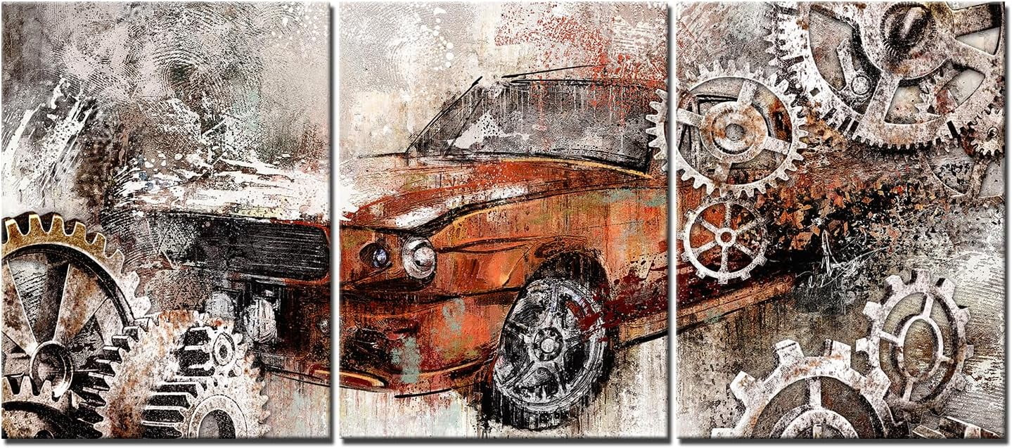 3 Piece Rustic Car Canvas Wall Art Old Car with Mechanical Gear ...