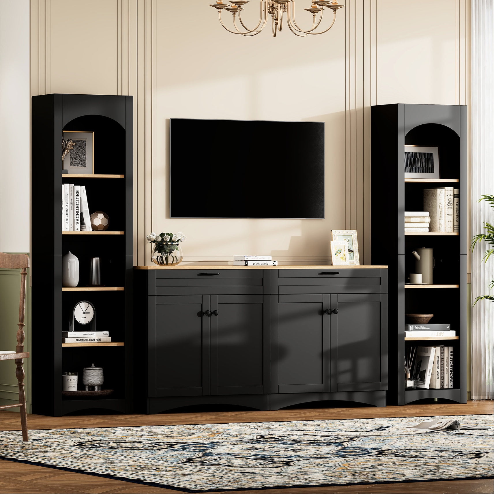 3-Piece Rustic Farmhouse TV Stand for Living Room, Black Base | Scratch ...