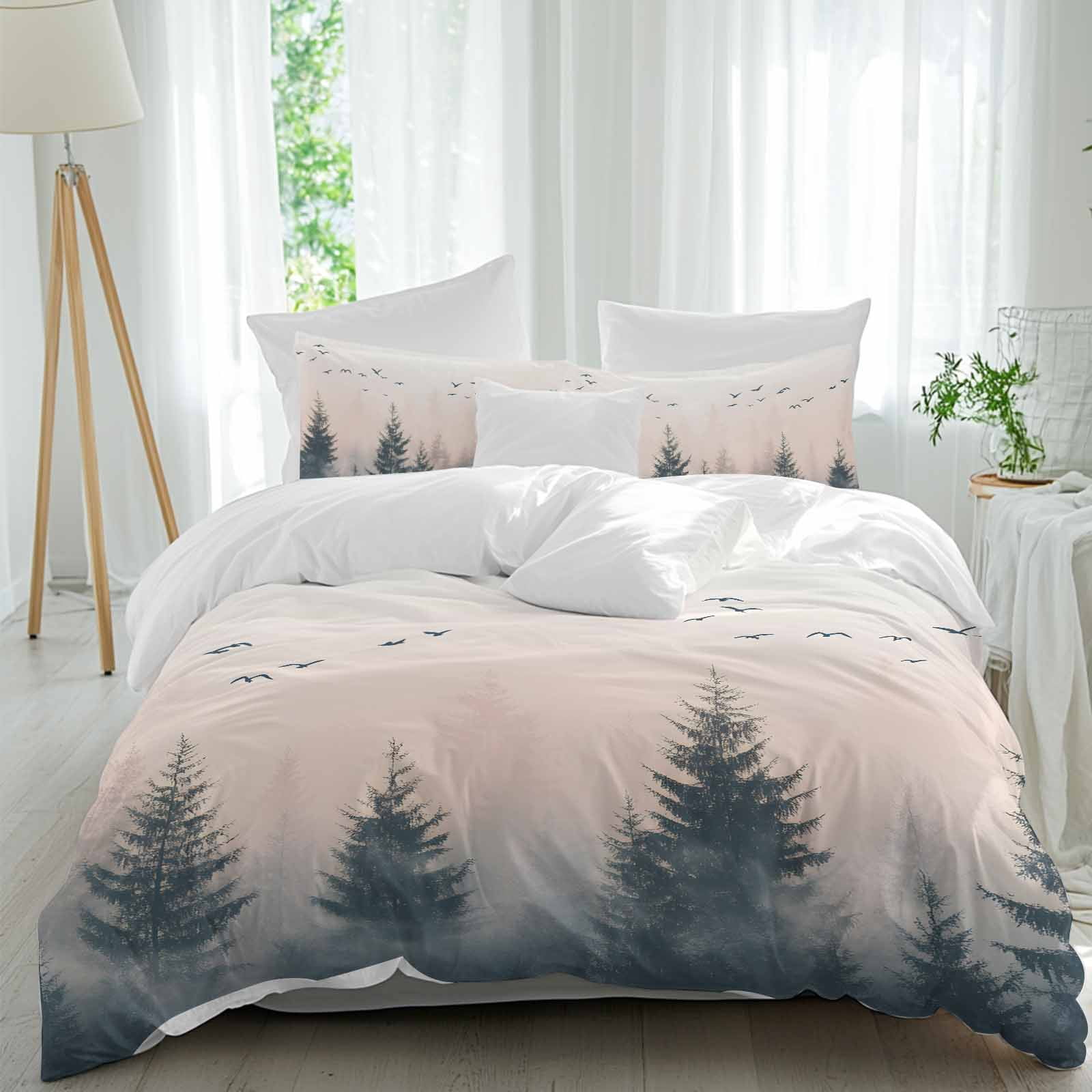 3 Piece Rustic Foggy Forest Duvet Cover Set Queen Size,Microfiber ...