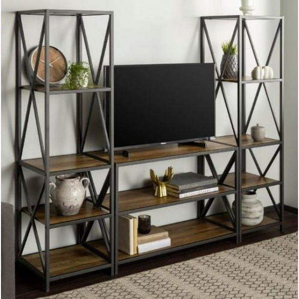 3-Piece Rustic Industrial Bookcase Set - Rustic Oak - Walmart.com
