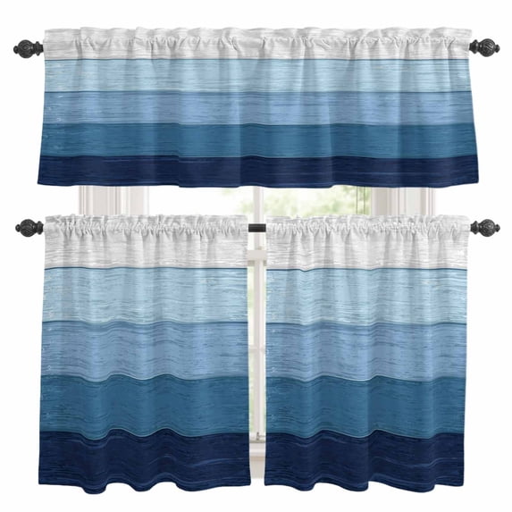 3 Piece Rustic Stripes Kitchen Curtain Valance and Tiers Set Blue ...