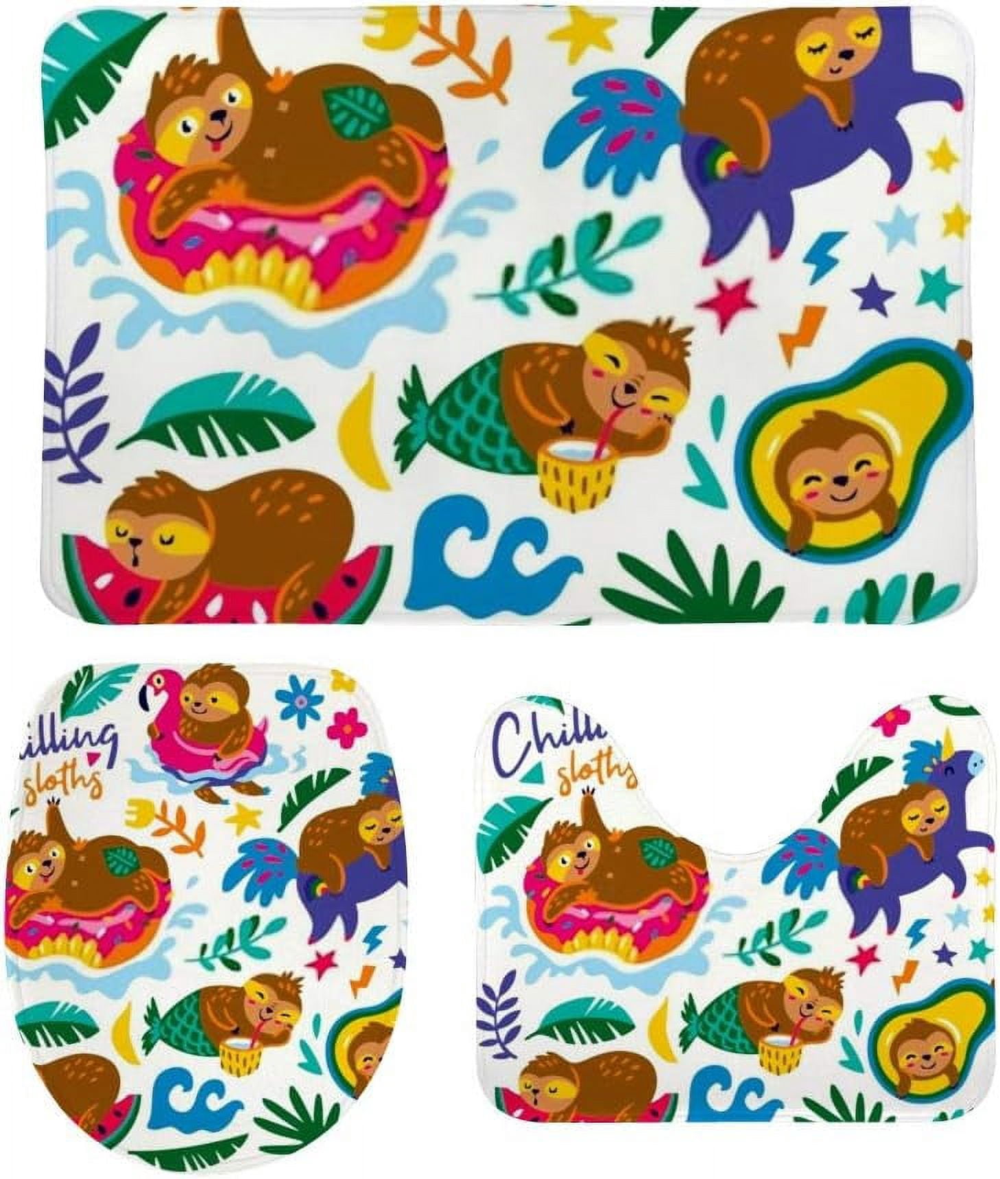 3 Piece SKYSONIC Non-Slip Bathroom Rug Set Cute Sloths Having Fun Soft ...