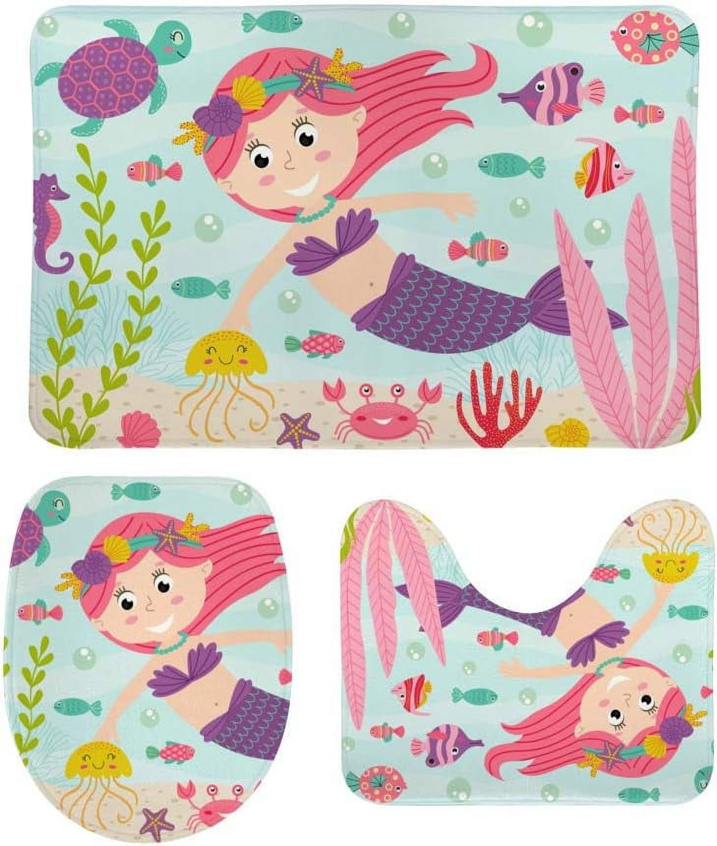 3 Piece SKYSONIC Non-Slip Bathroom Rug Set Mermaid Swimming Soft ...
