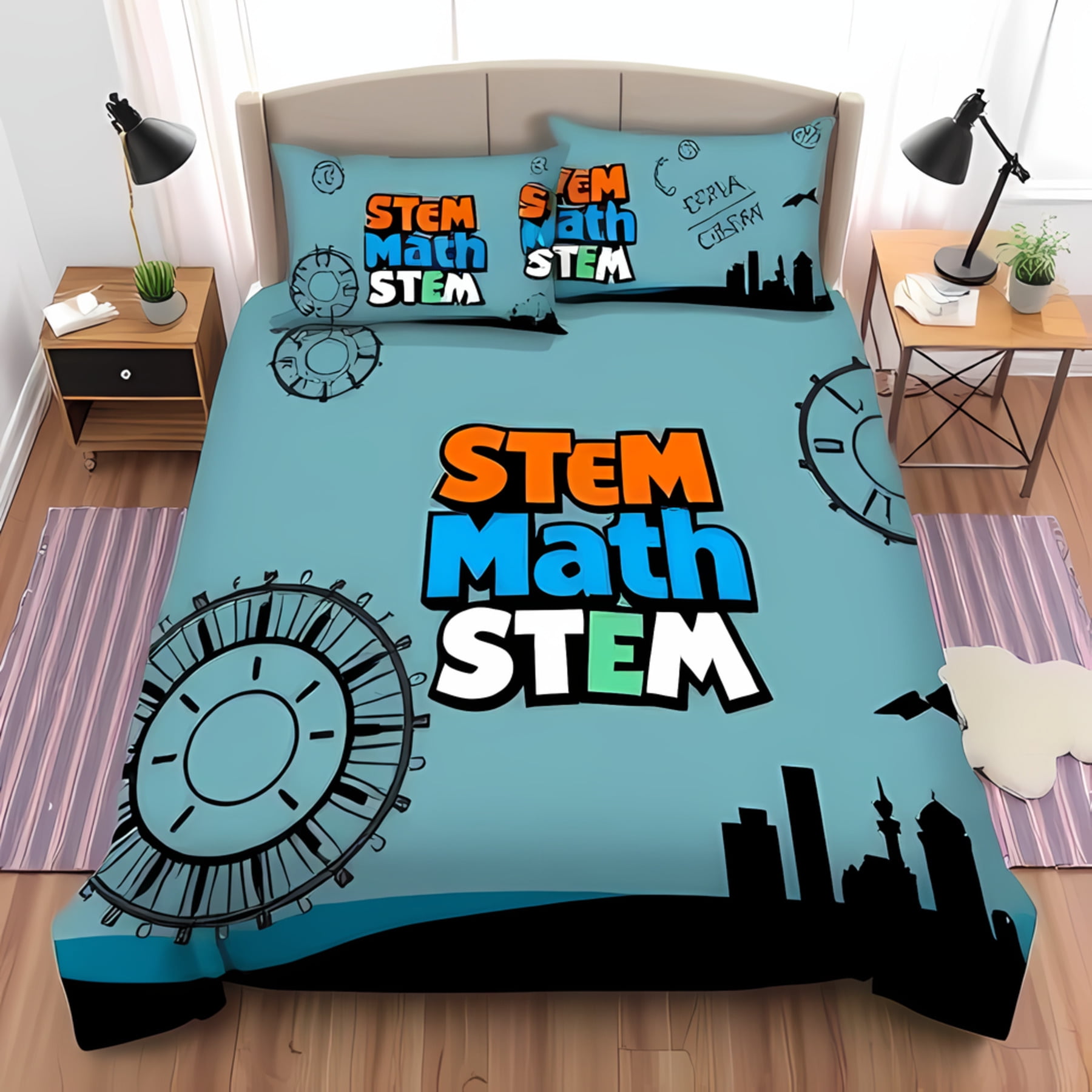 3-Piece STEM & MATH Duvet Cover Set - Vibrant Blue with Bold Typography ...