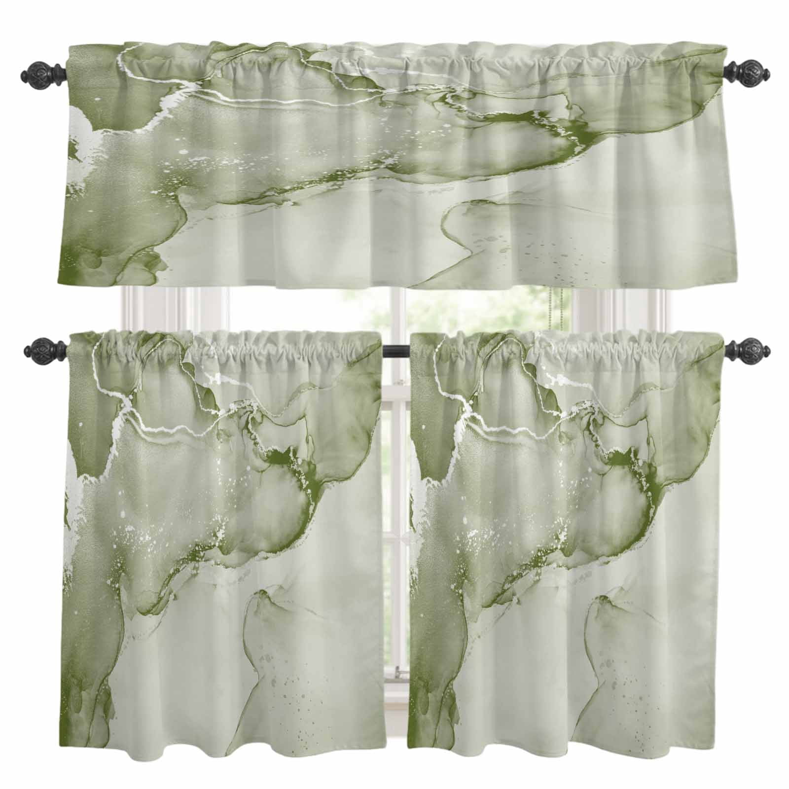 3 Piece Sage Green Abstract Kitchen Curtain Valance and Tiers Set ...