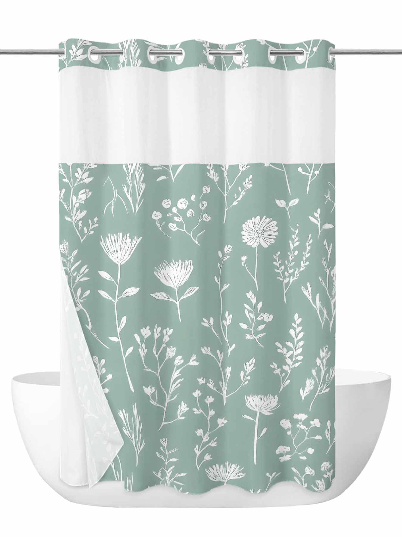 Green Sage Leaves No Hook Shower Curtain and Liner Set Boho Floral Leaf ...
