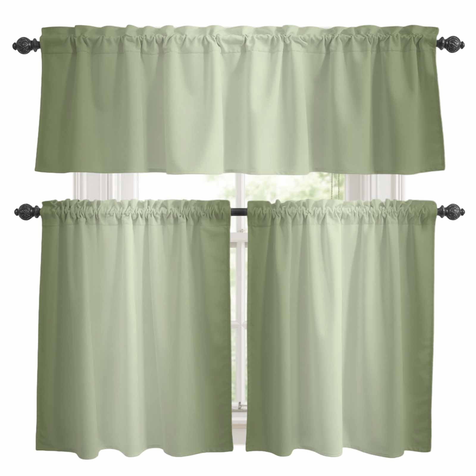 3 Piece Sage Green Kitchen Curtain Valance and Tiers Set Ombre Solid ...