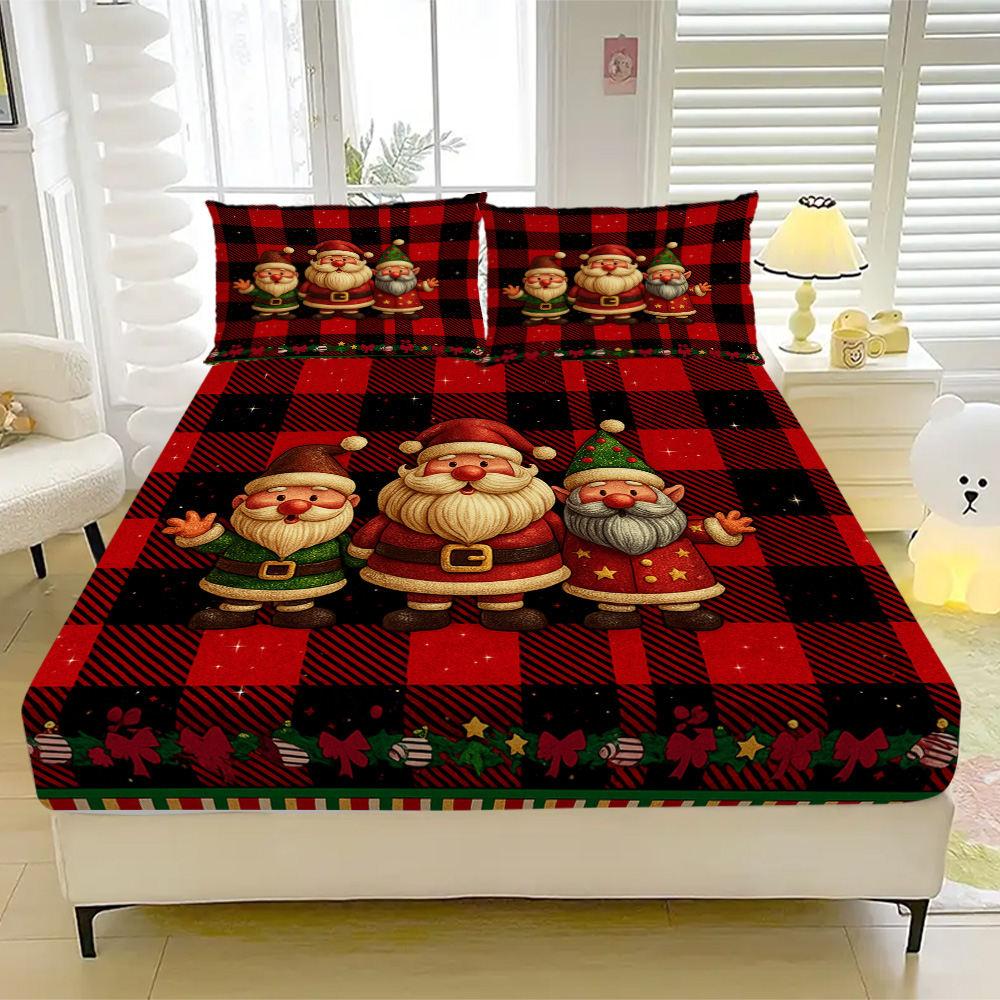 3-Piece Santa Trio Plaid Holiday Print Bed Sheet Set - Ultra Soft ...