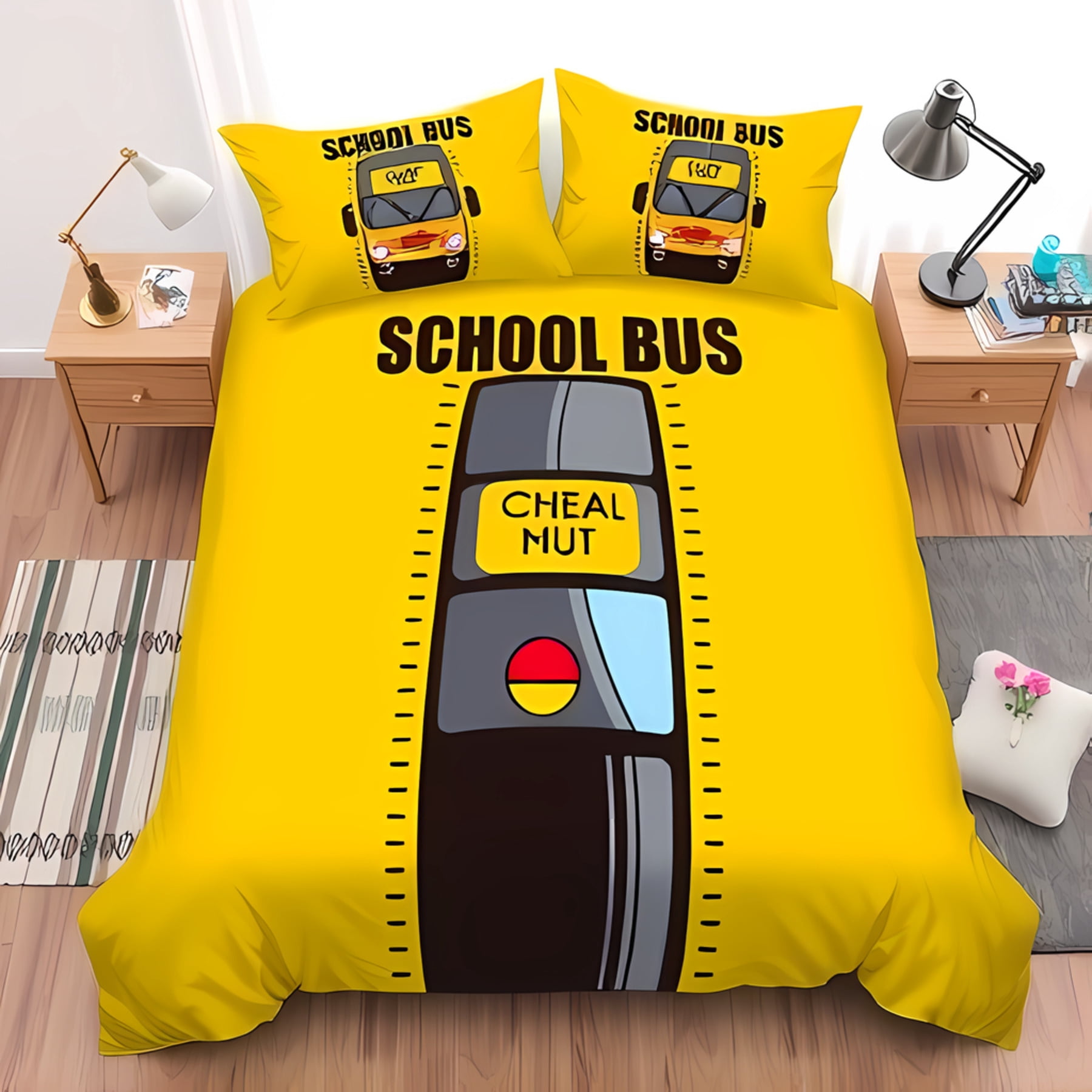 3-Piece School Bus Pattern Duvet Cover Set - Vibrant Yellow with ...
