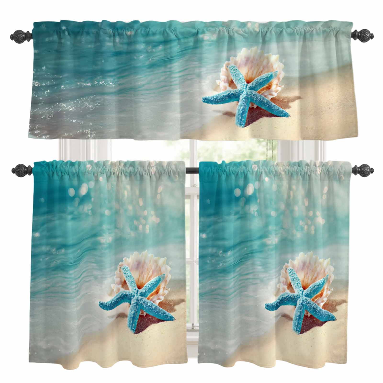 3 Piece Sea Stars Kitchen Curtain Valance and Tiers Set Seashell Beach ...