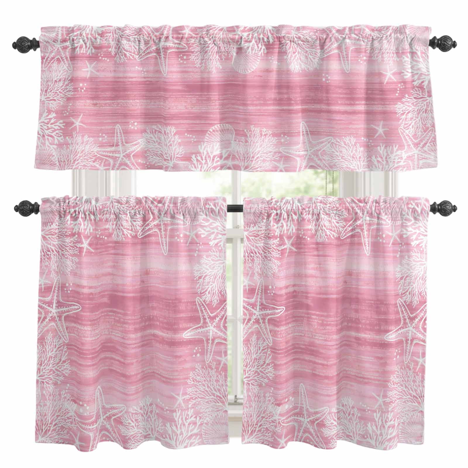 3 Piece Sea Stars Kitchen Curtain Valance and Tiers Set Summer Beach ...