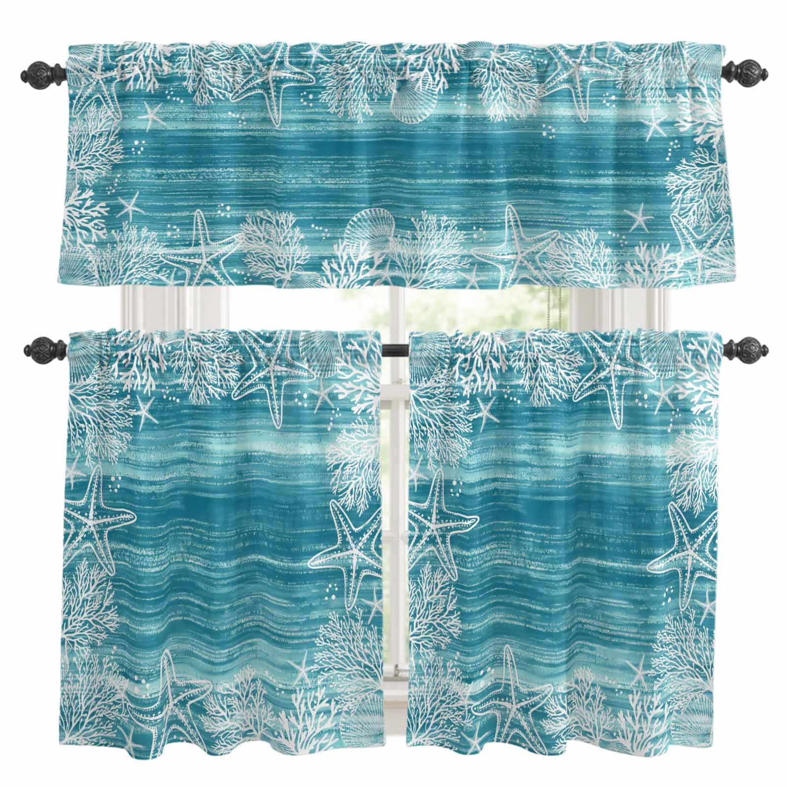 3 Piece Sea Stars Kitchen Curtain Valance and Tiers Set Summer Beach ...