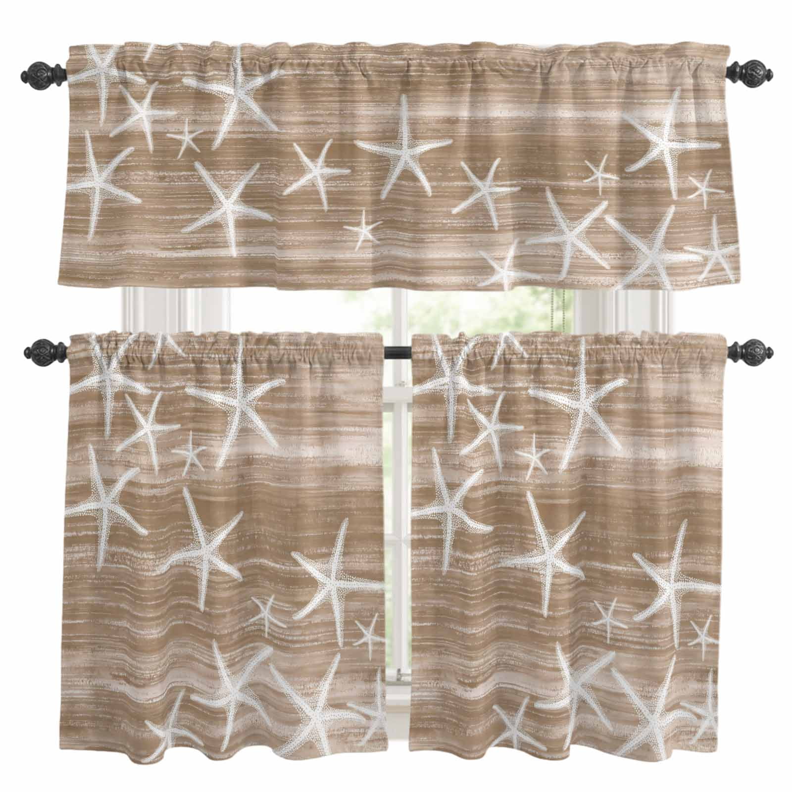 3 Piece Sea Stars Kitchen Curtain Valance and Tiers Set Summer Beach ...