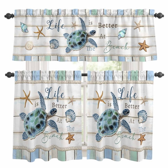 3 Piece Sea Turtle Kitchen Curtain Valance and Tiers Set Ocean Starfish ...