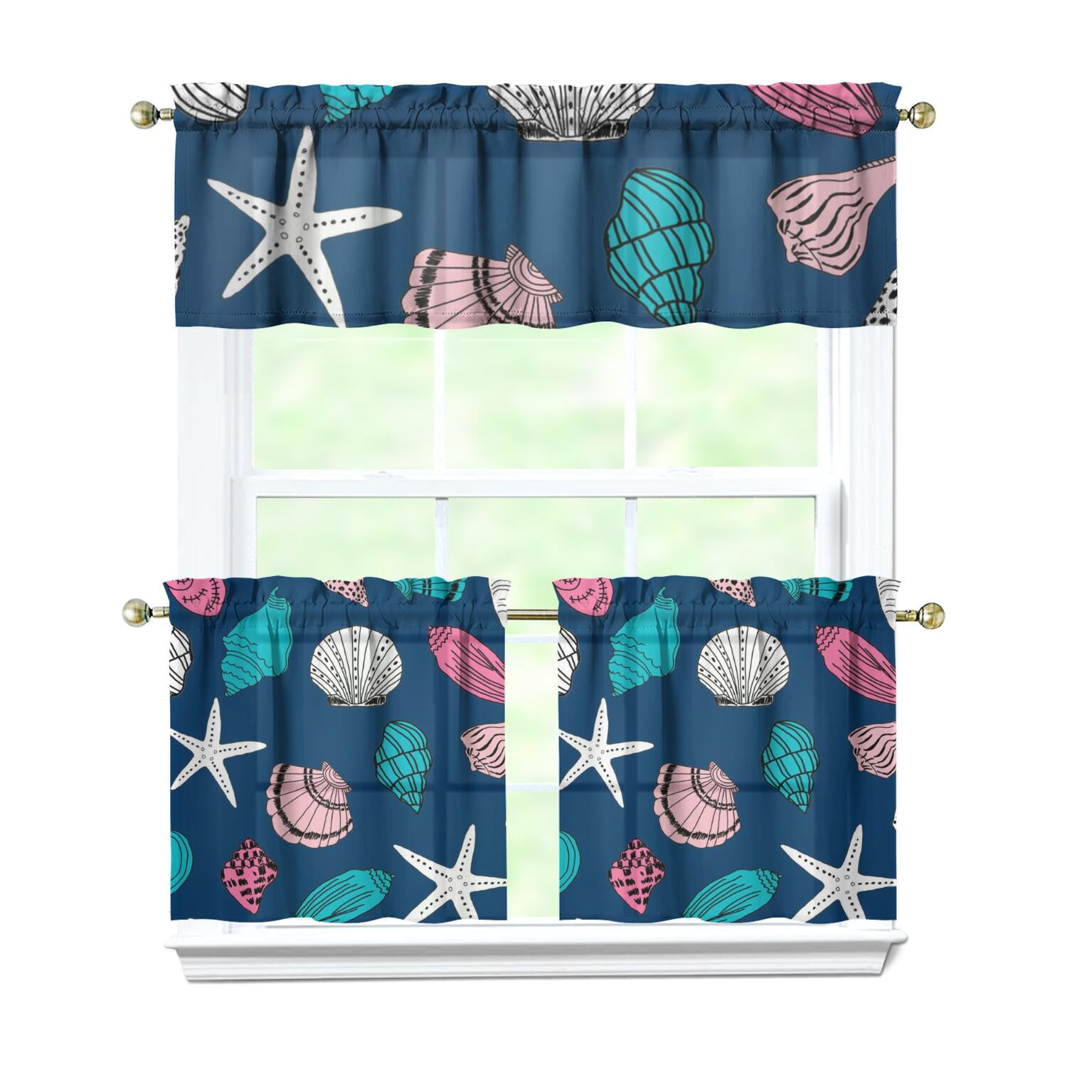 3 Piece Seashell & Starfish Kitchen Curtains - Marine Life Tier Window ...