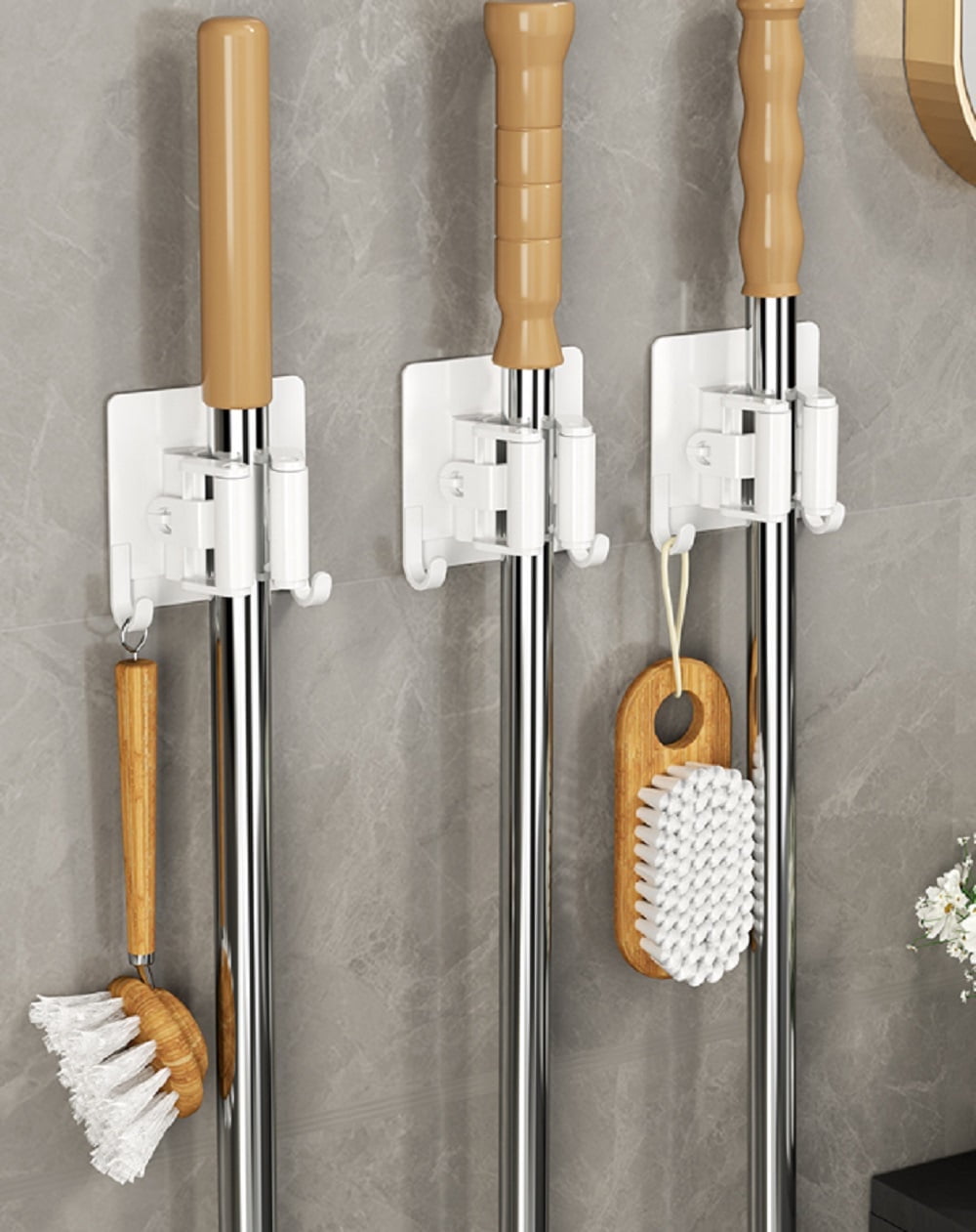 3-Piece Self-Adhesive Broom & Mop Holder Set – Wall Mounted No-Drill ...