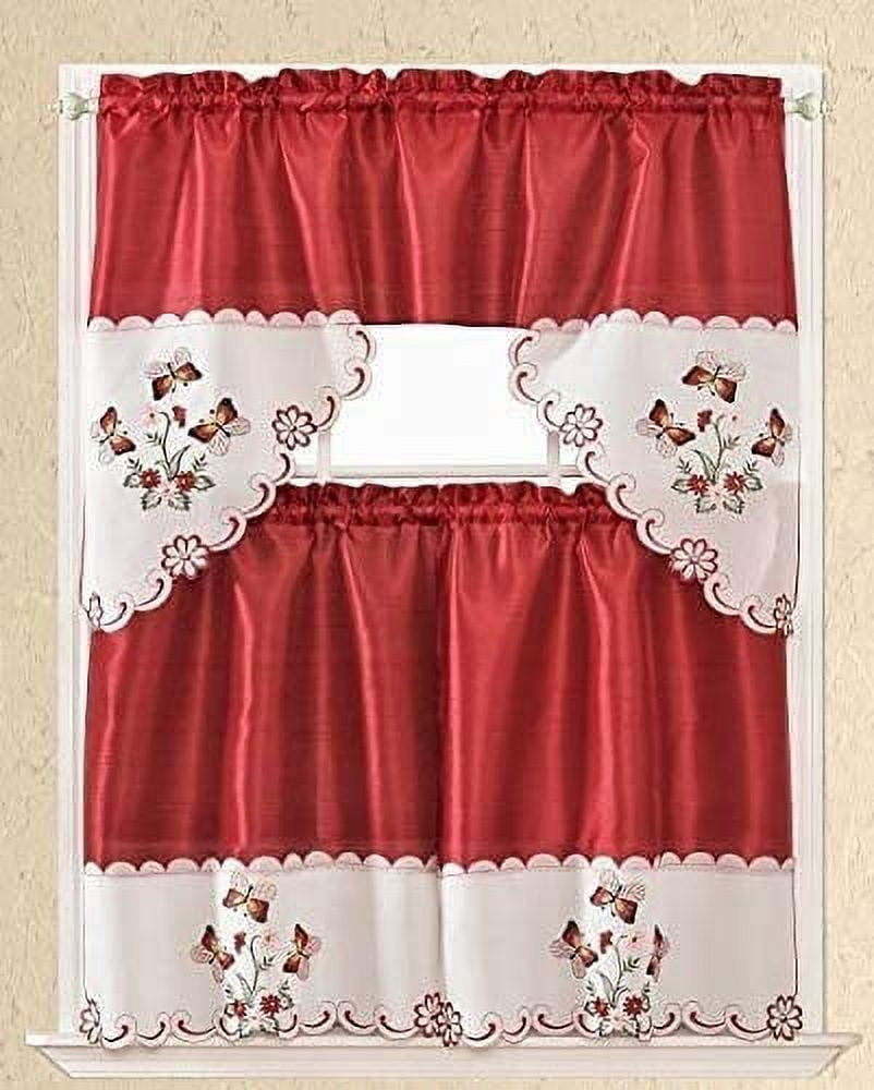 3 Piece Semi Sheer Embroidery Rooster Kitchen/Café Window Curtain Tiers ...