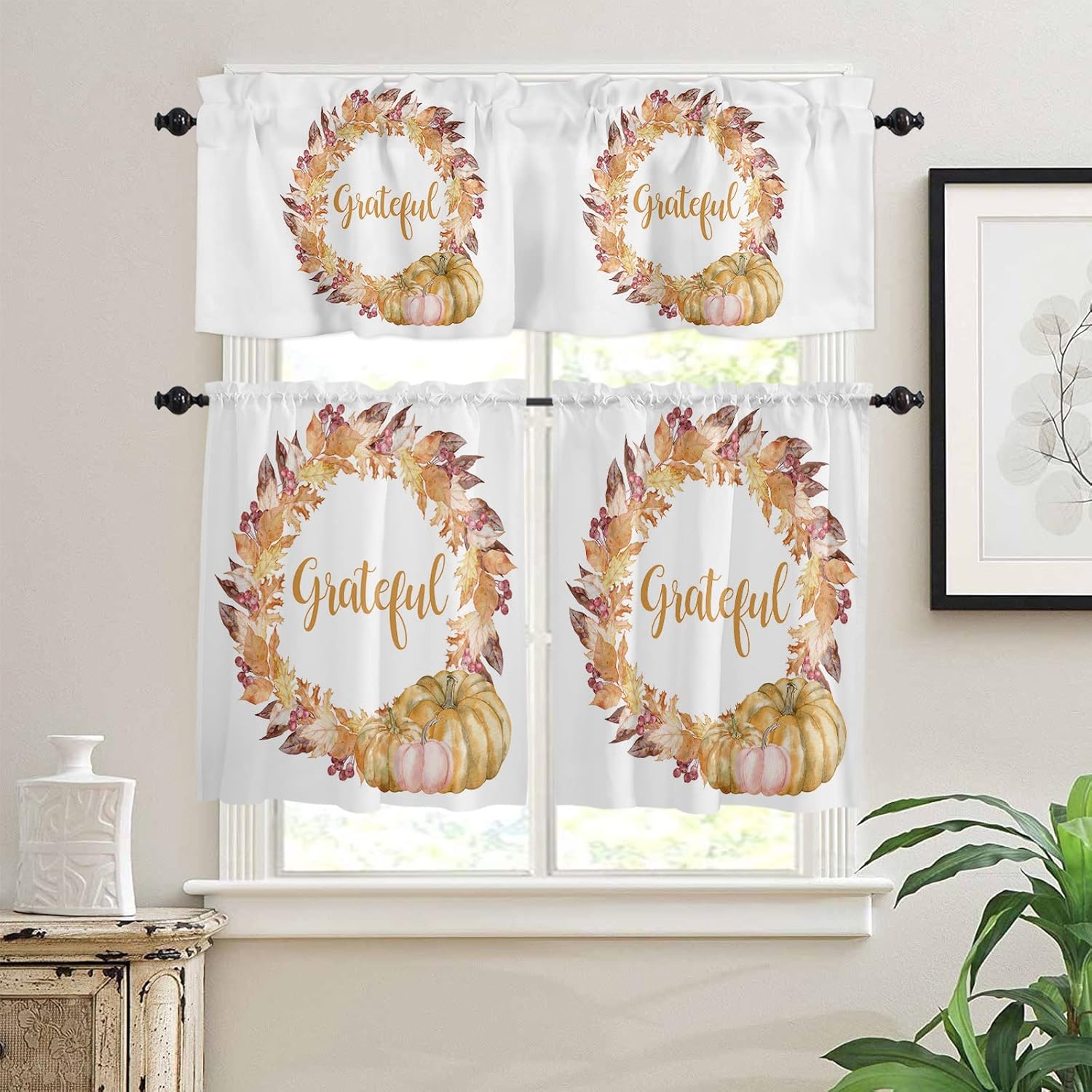 3 Piece Semi Sheer Kitchen Curtains, Fall Thanksgiving Maple Leaves ...