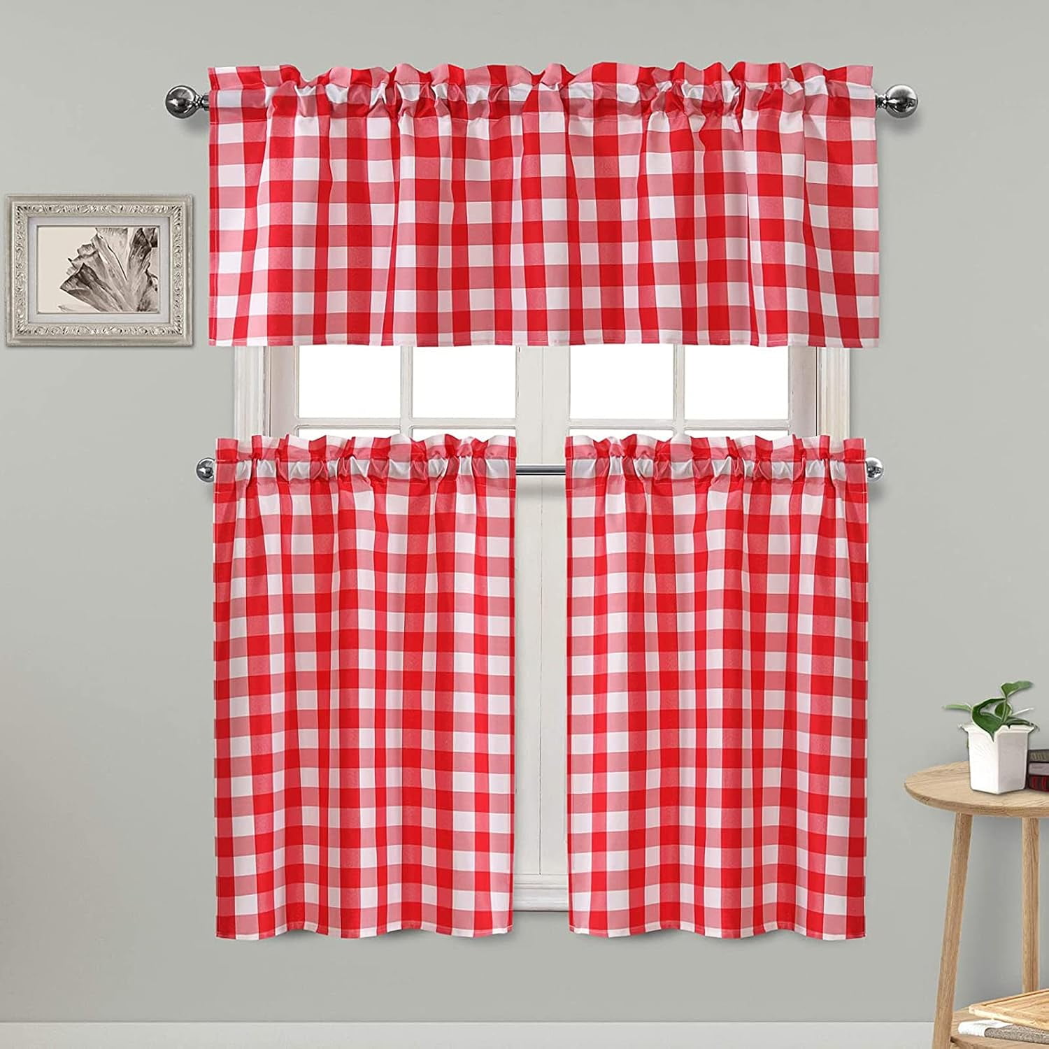 3 Piece Semi Sheer Kitchen Curtains - Light Filtering Buffalo Plaid ...