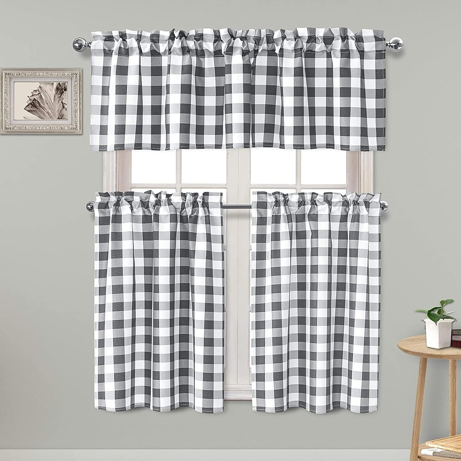 3 Piece Semi Sheer Kitchen Curtains - Light Filtering Buffalo Plaid ...