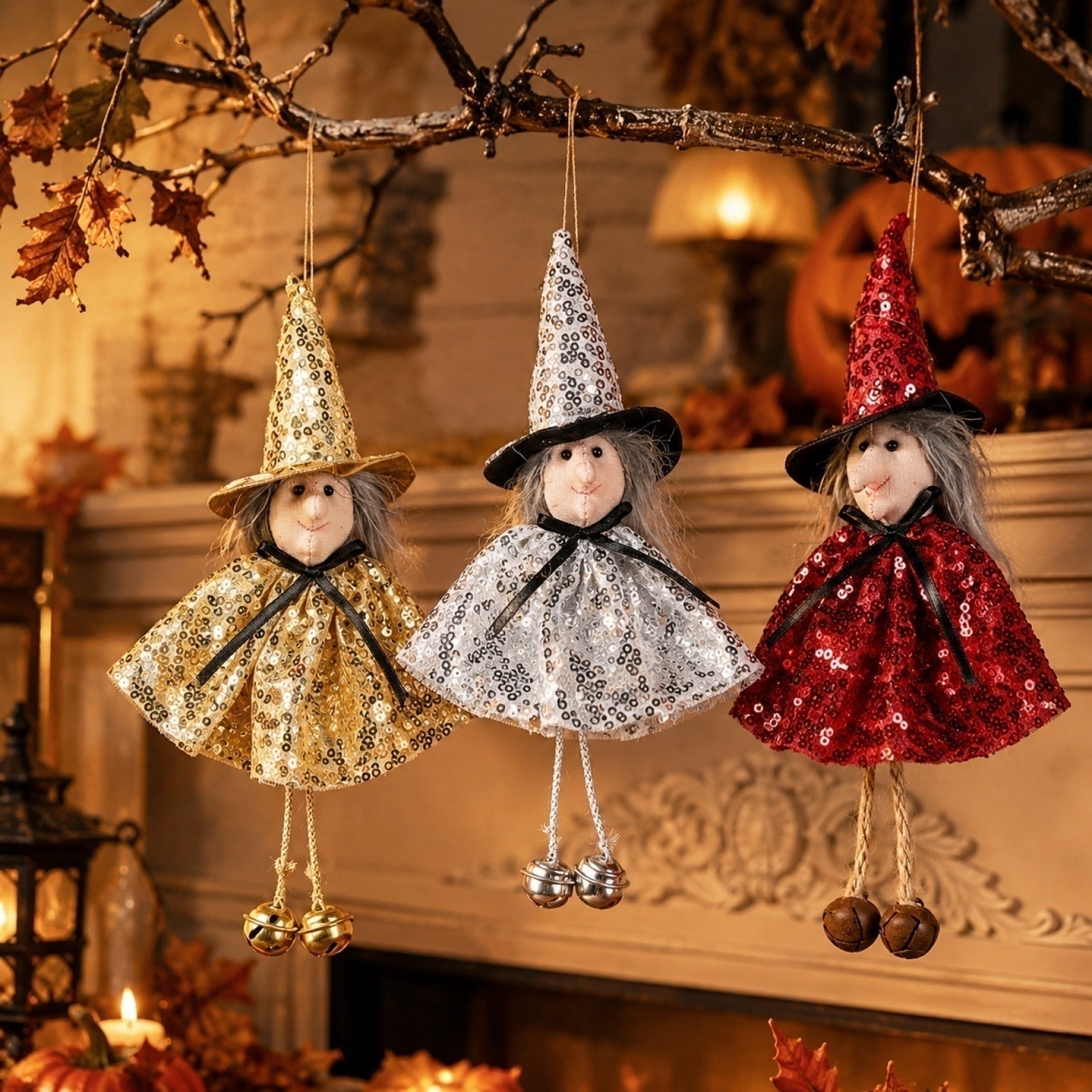 3 Piece Sequined Witch Doll Keychain Set with Bells, Halloween Witch ...