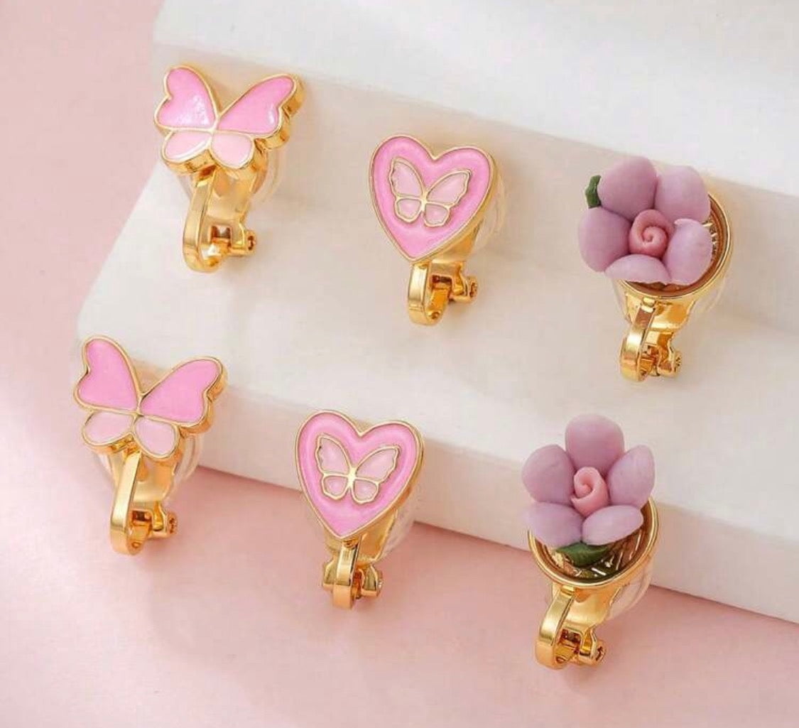 3 Piece Set-1/2" Clip on gold pink heart, pink butterfly and purple ...