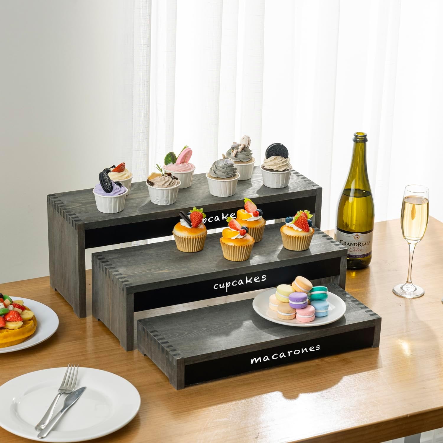 3 Piece Set of 21 Inch Solid Wood Dessert Display Risers in Weathered ...