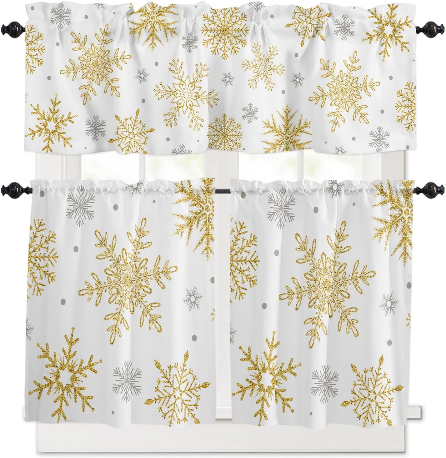 3 Piece Set Kitchen Tier and Valance Curtains Gold White Christmas ...