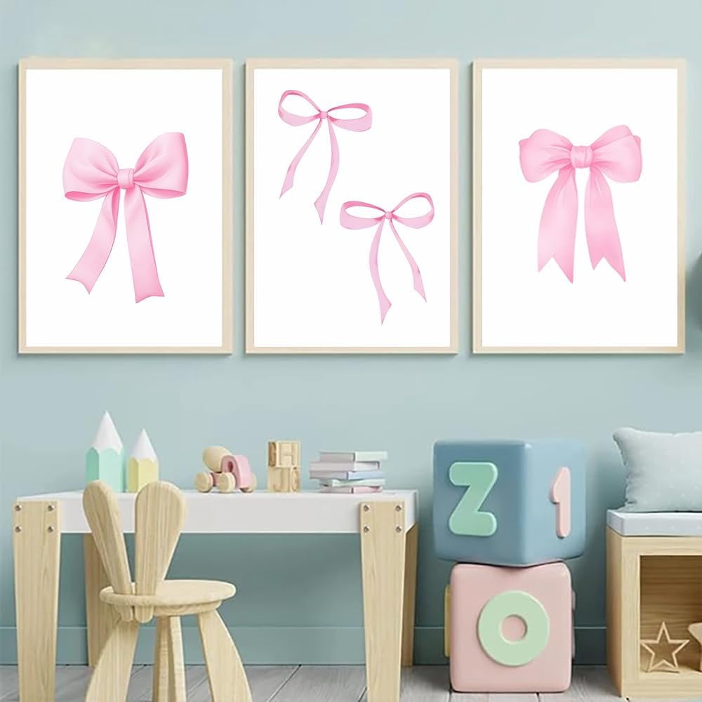 3 Piece Set of Pink Bow Canvas Wall Art Pink Preppy Posters Girls ...