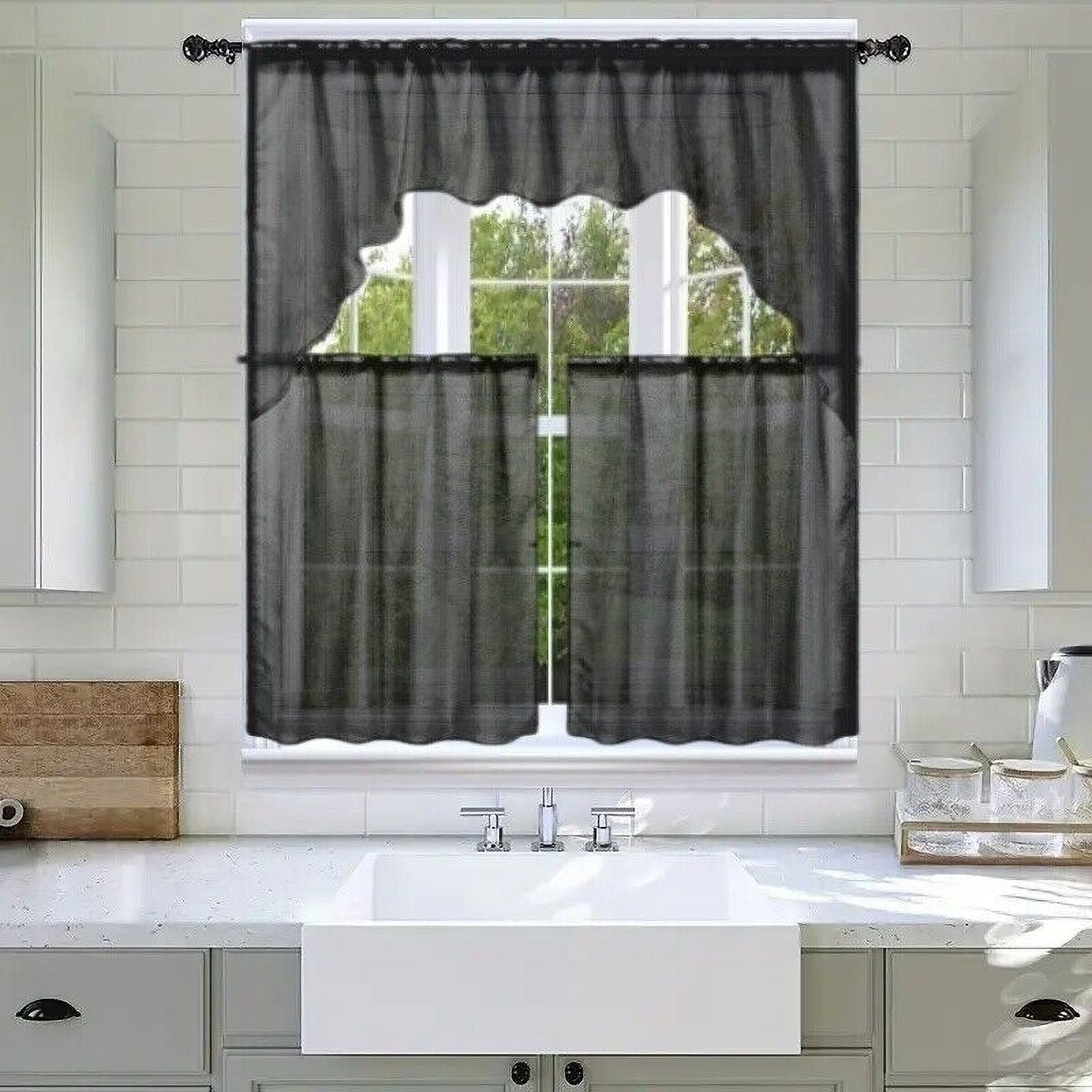 3-Piece Set Rod Pocket Elegant Voile Sheer Kitchen Window Curtain Set ...