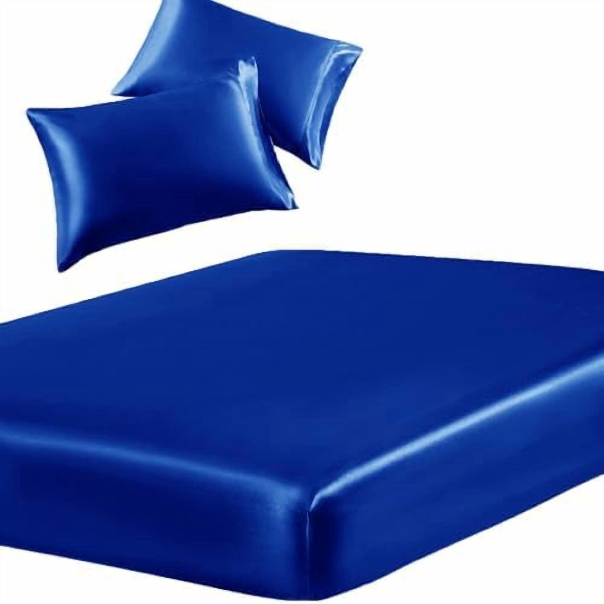 3-Piece Set Satin Twin Fitted Sheet & 2 Pillowcase, Royal Blue Silky ...