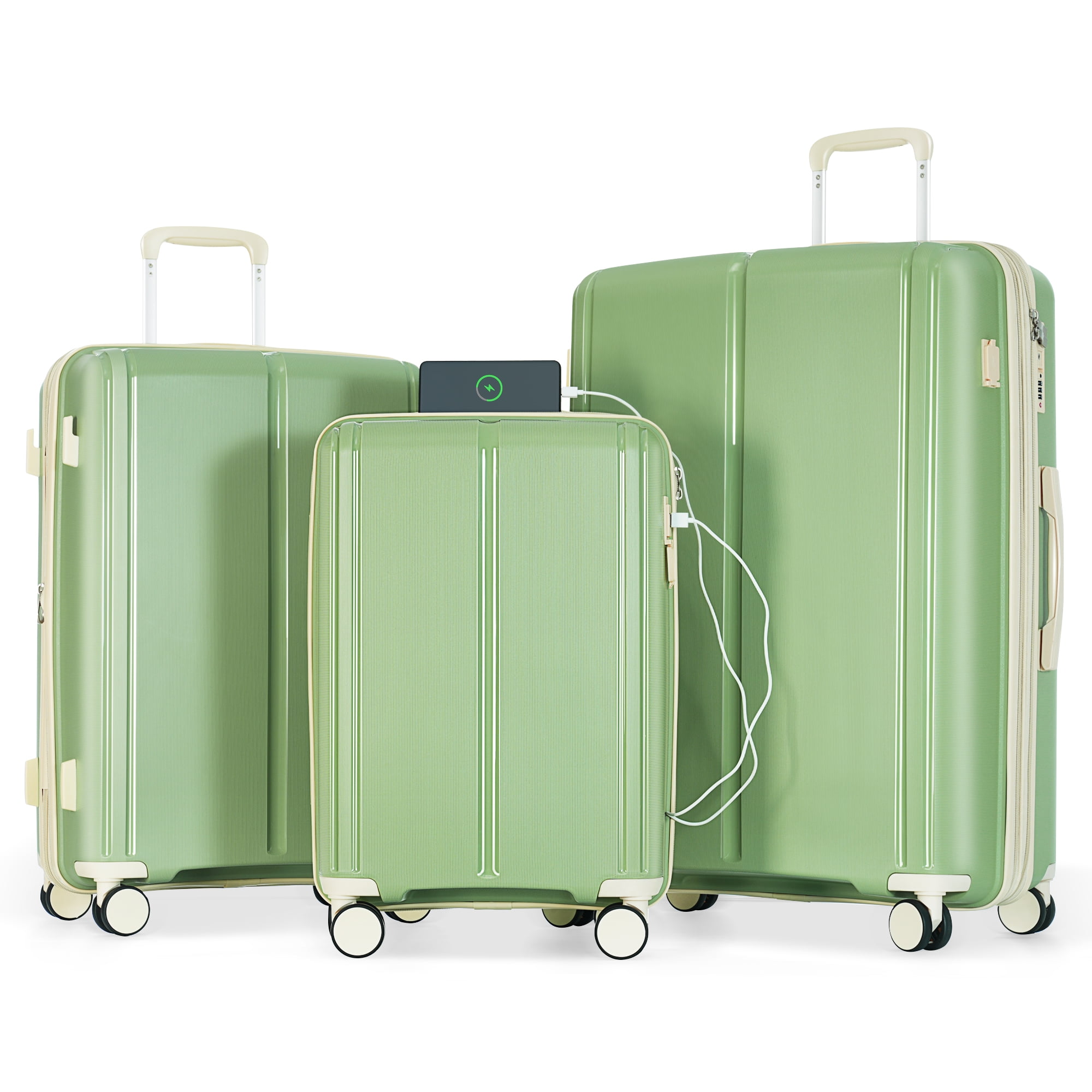 3 Piece Set Suitcase Spinner Hardshell Lightweight TSA Lock USB Port ...