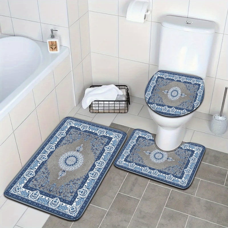 3-Piece Set of Retro Ethnic Blue and White Pattern Bathroom Mats Set ...