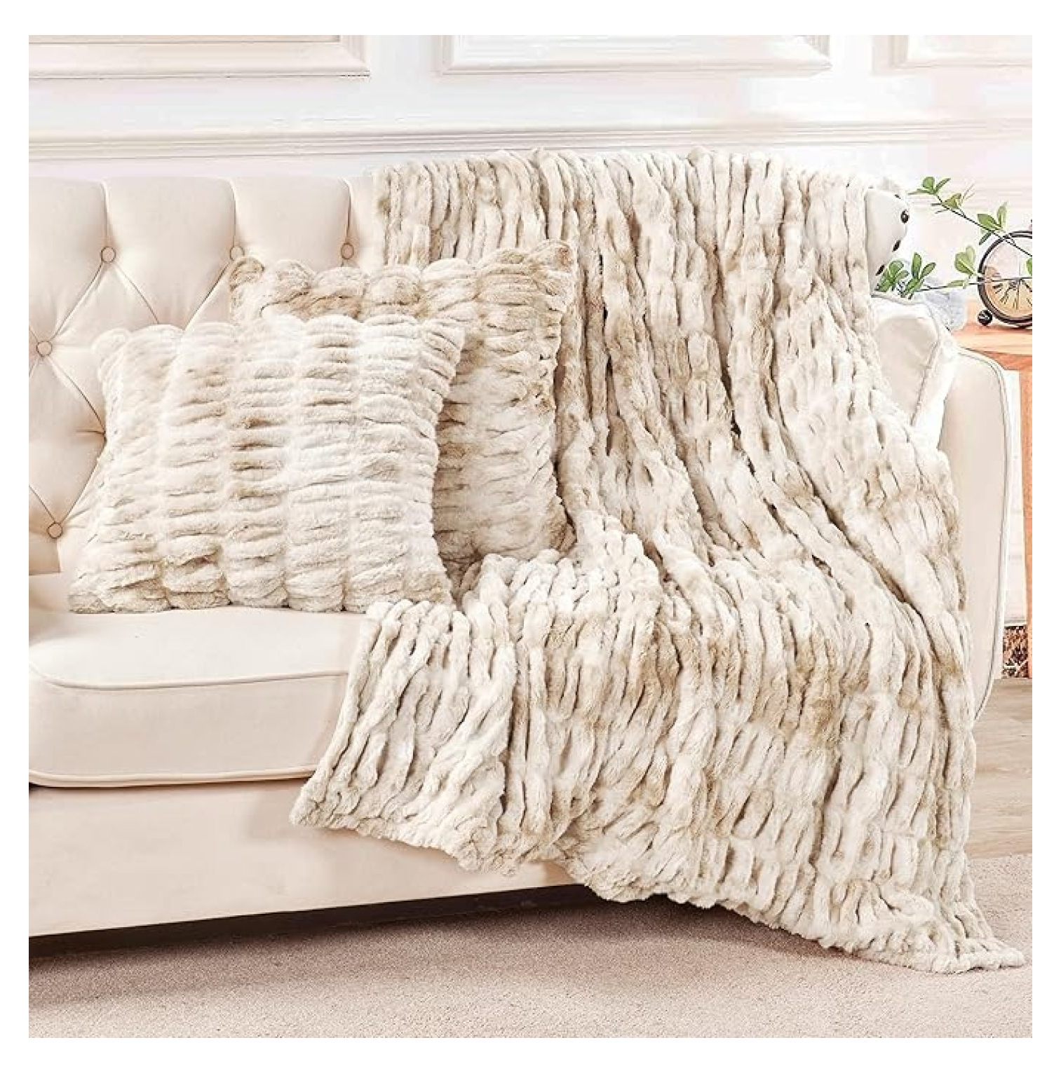 3 Piece Shar Pei Faux Fur Throw and Pillow Cover Set Soft Comfy Cozy ...