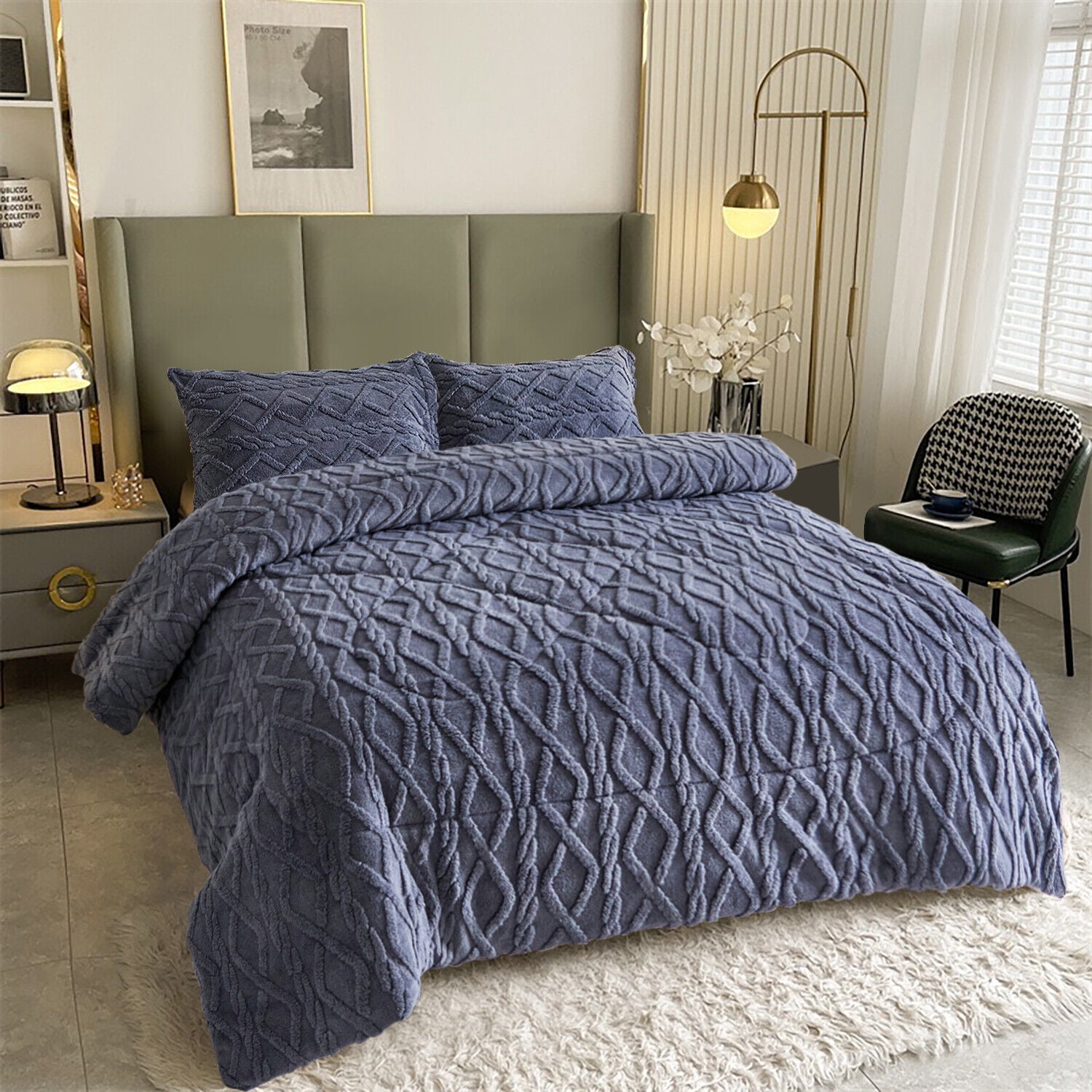 3 Piece Sherpa Fleece Comforter Set Knitted Borrego Queen King Size ...