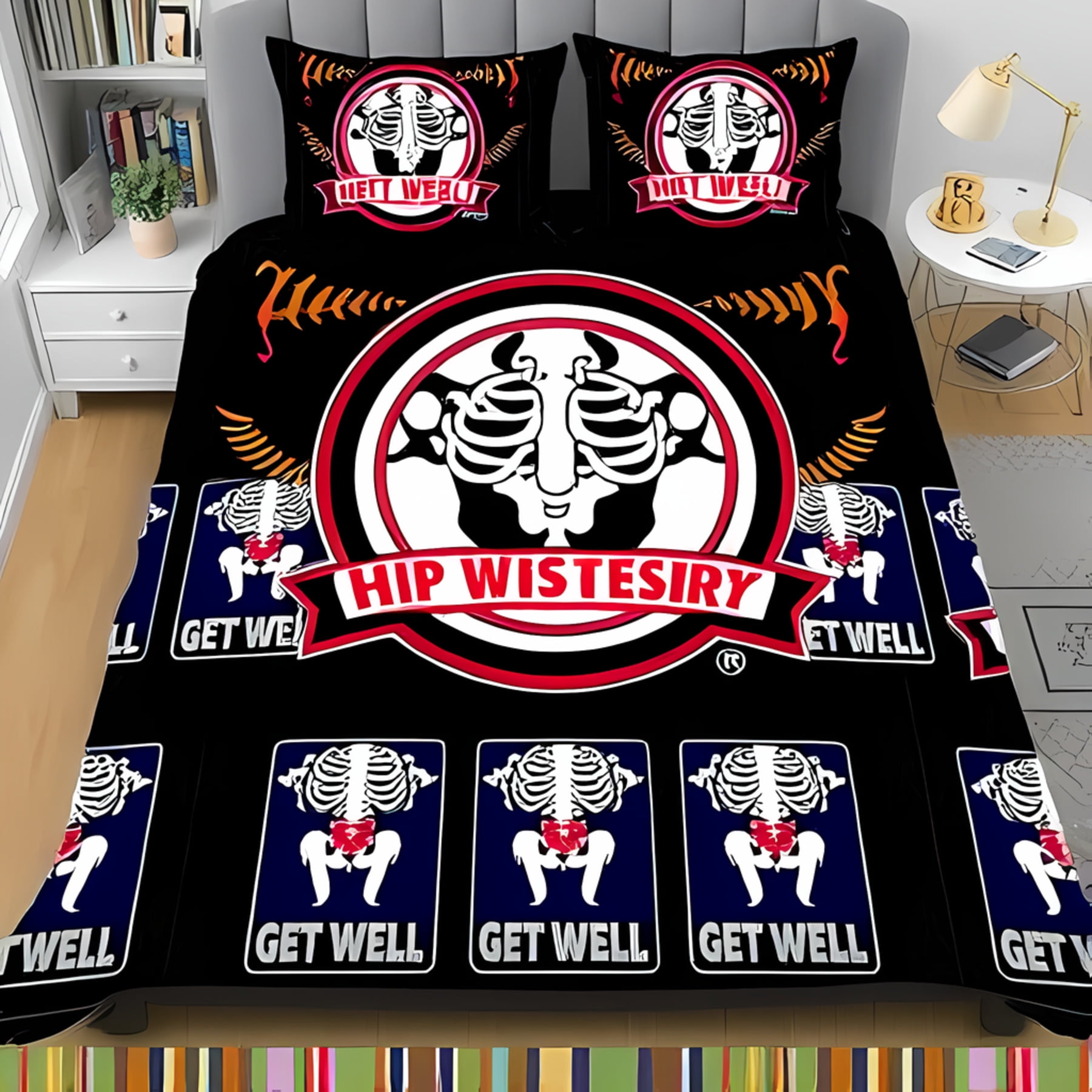 3-Piece Skeleton Themed Duvet Cover Set with Bold 'HIP WISESTRY ...