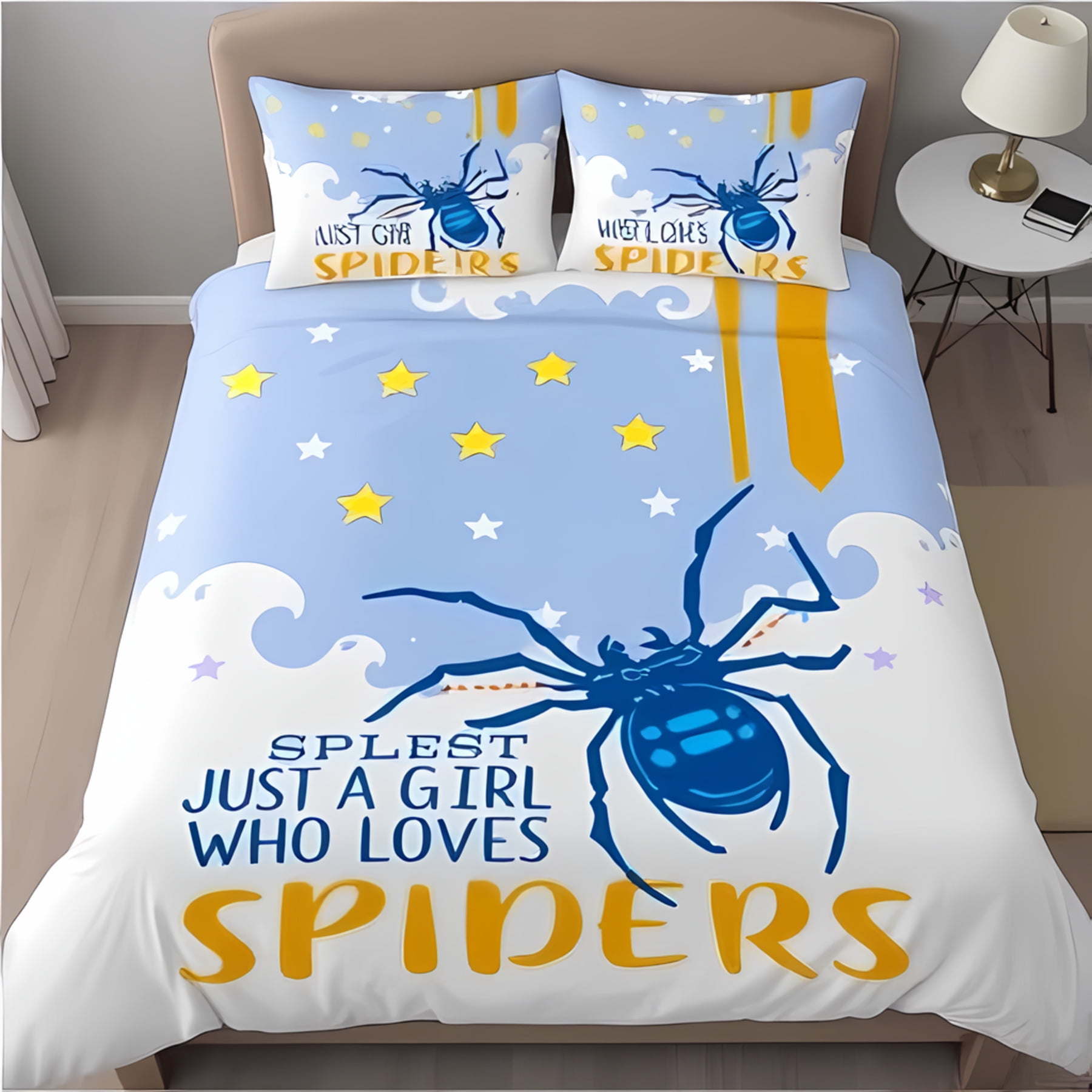 3-Piece Sky Blue Duvet Cover Set with Friendly Blue Spider & Yellow ...