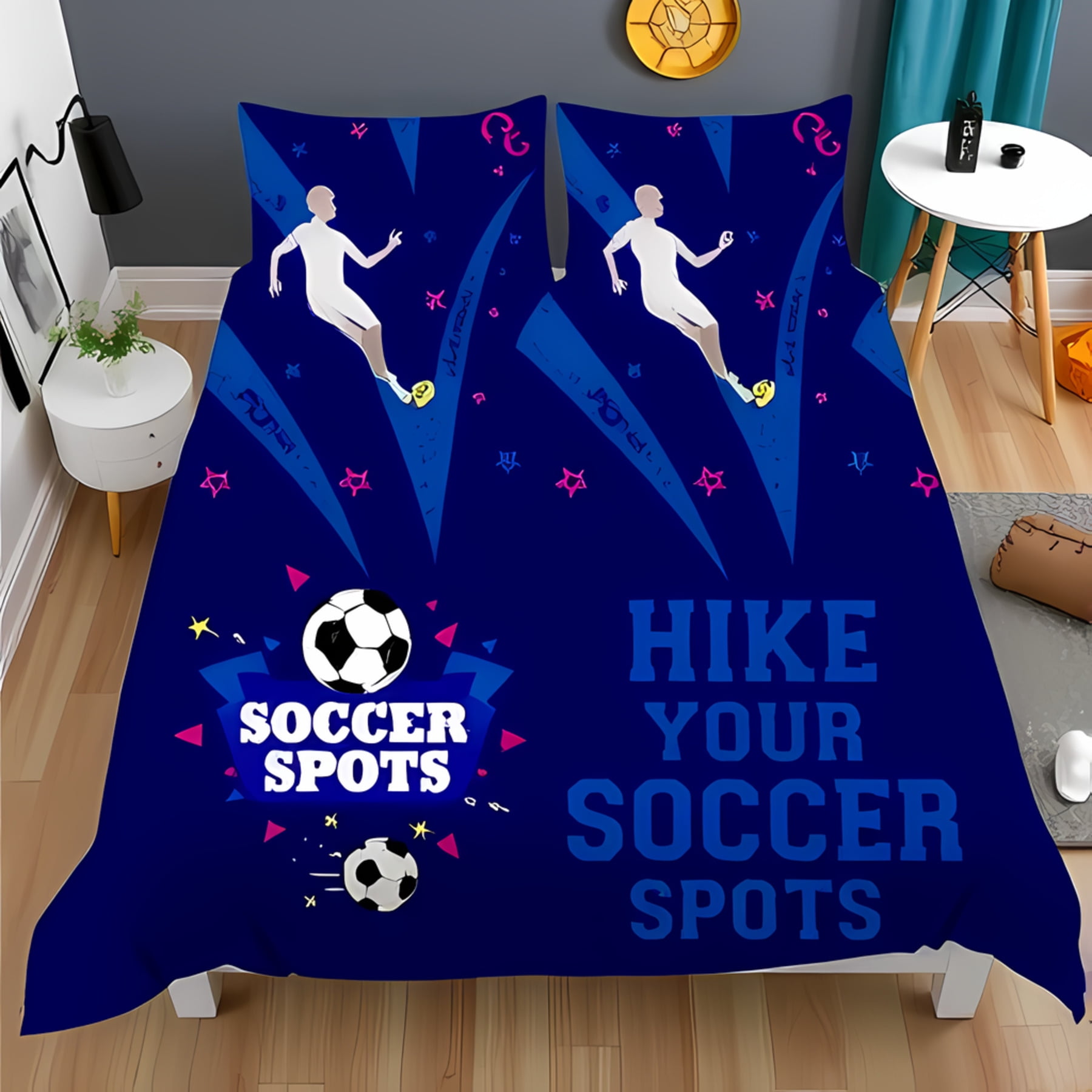 3-Piece Soccer Themed Duvet Cover Set - Navy Blue Bedding with Soccer Player Stars & Soccer ...