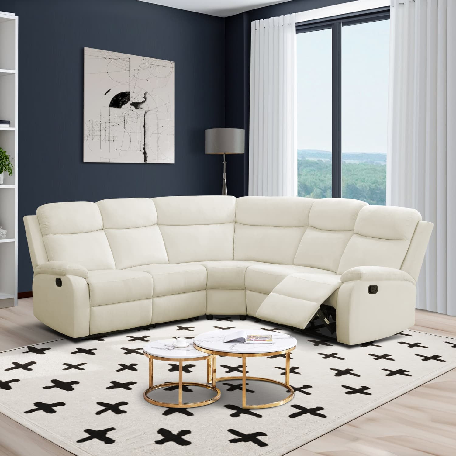 3-Piece Sofa Set Off-White Fluff Fabric Modern Sectional with ...