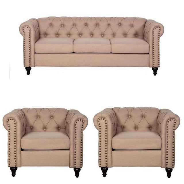 3 Piece Sofa Set with 3 Seater Sofa and 2 Armchairs in Beige - Walmart.com