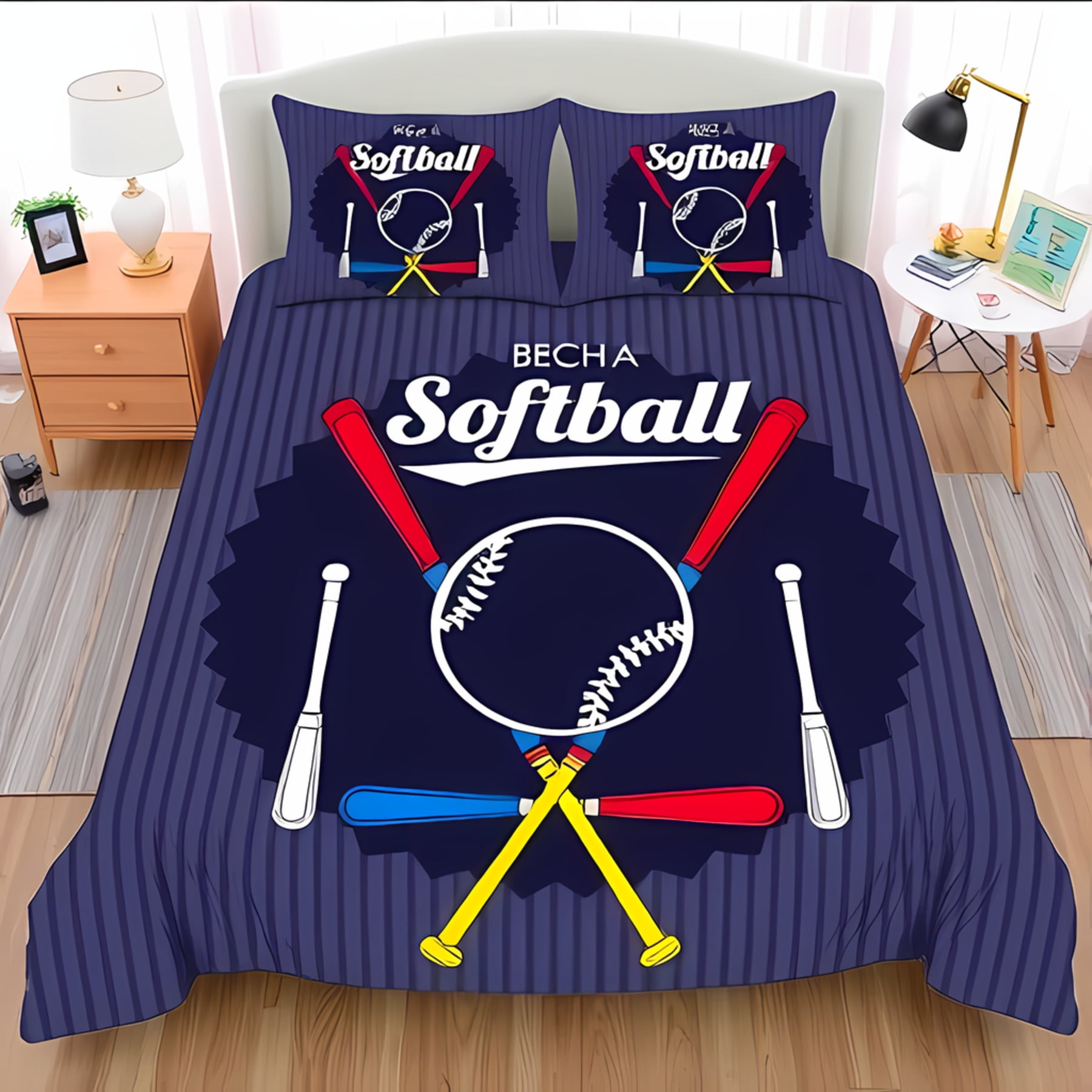 3-Piece Softball Duvet Cover Set - Vibrant Navy Bedding with Crossed ...