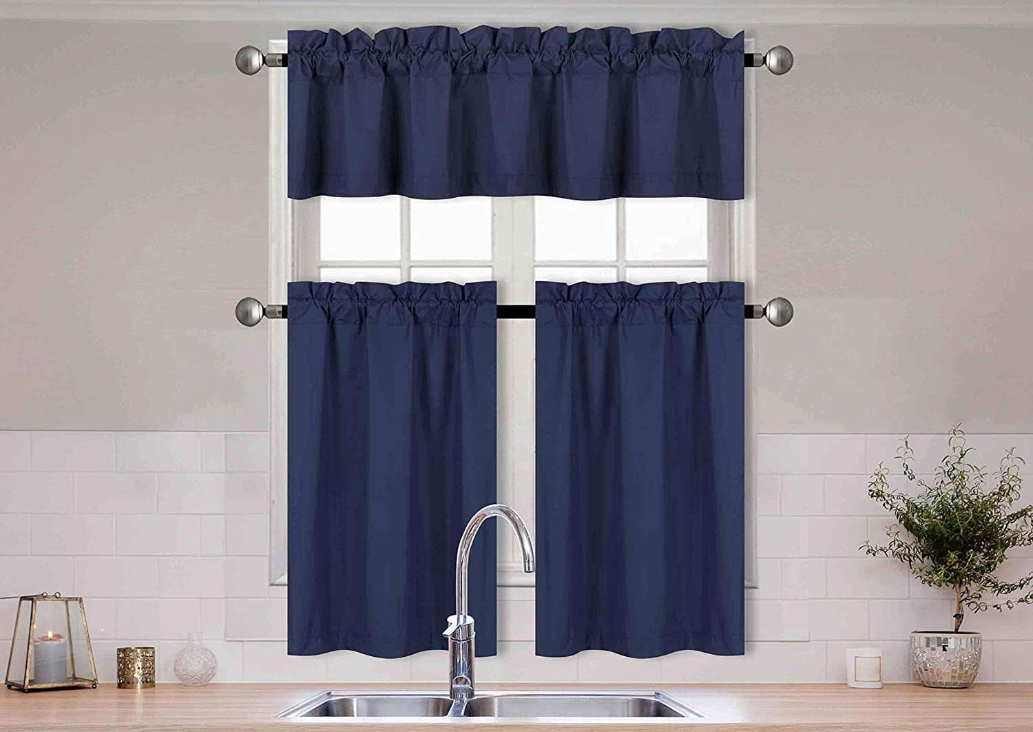 3 Piece Solid Color 100% Blackout Kitchen Window Curtain Set with Tiers ...
