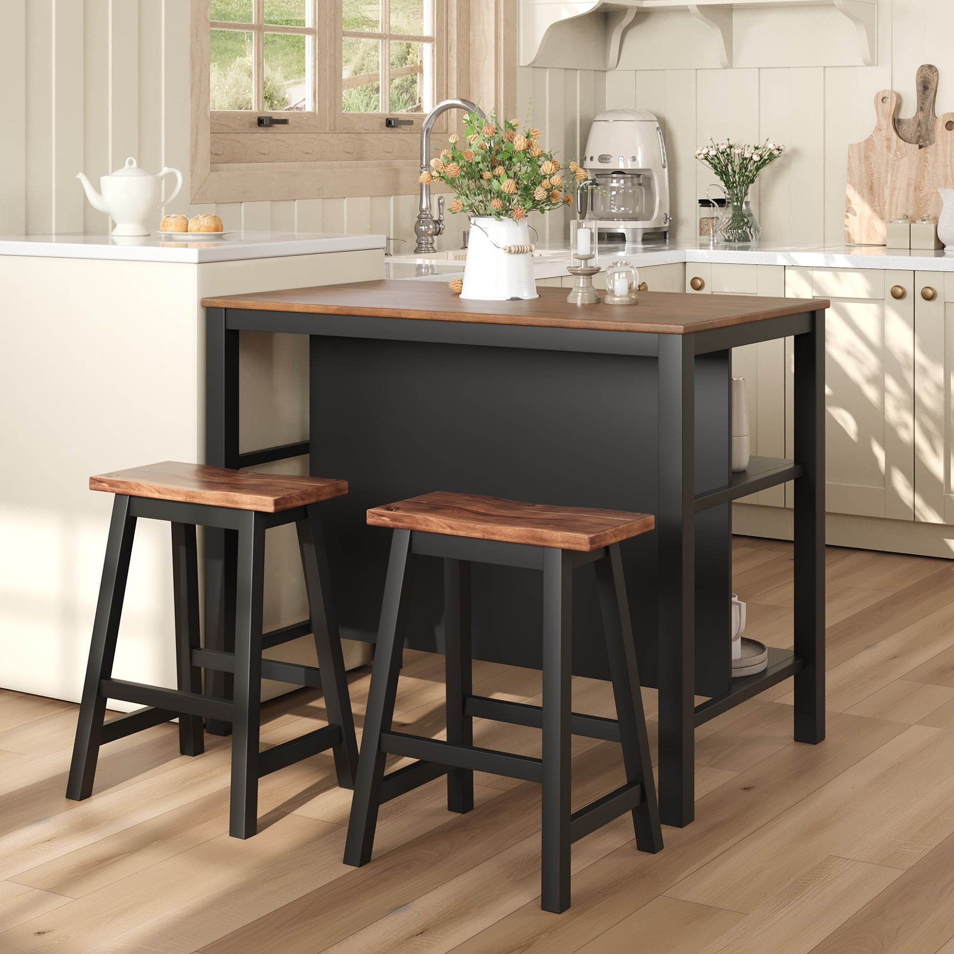 3-Piece Stationary Kitchen Island Set, 45" Wooden Dining with 2 Dining ...