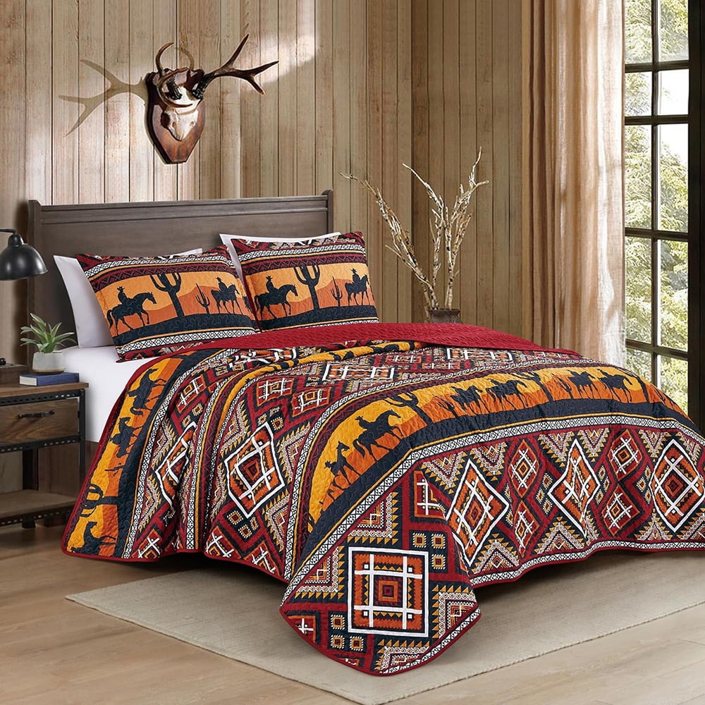 3-Piece Southwestern Sunset Cowboys Quilt Set Queen - Multicolor Red ...
