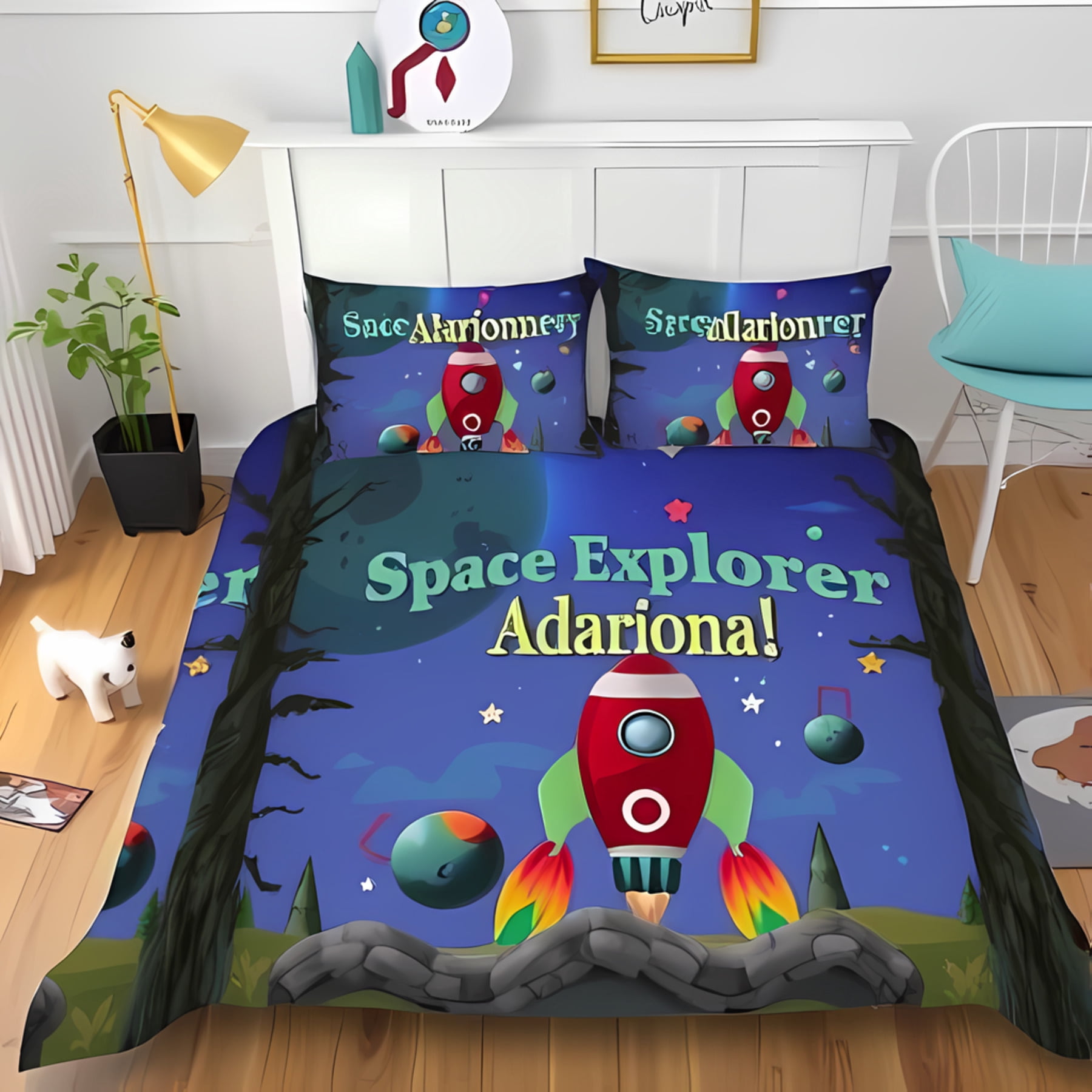 3-Piece Space Explorer Duvet Cover Set - Red Rocket Ship with Green ...