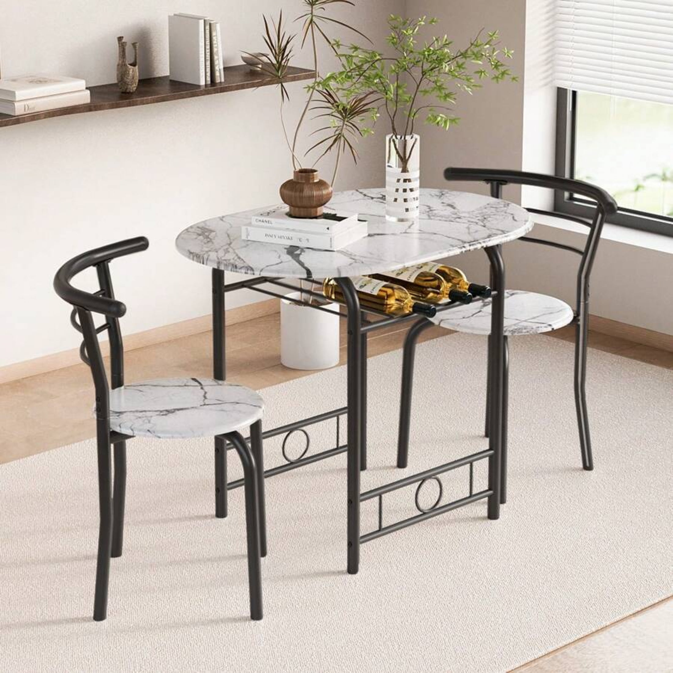 3-Piece Space-Saving Round Table & Chair Set - Wood Grain Tabletop with ...