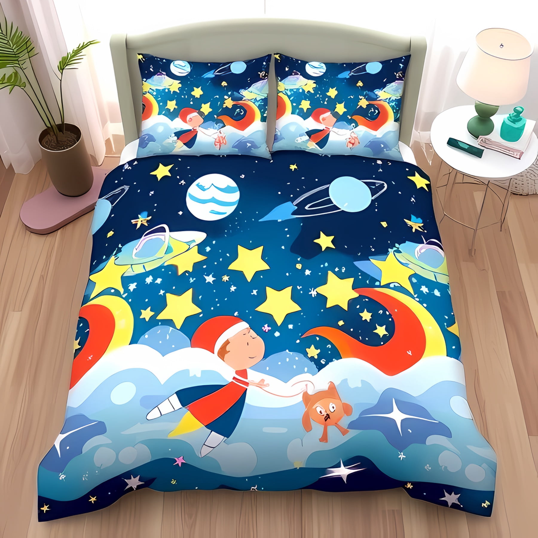 3-Piece Space-Themed Bedding Set Duvet Cover & Pillowcases with Cartoon ...