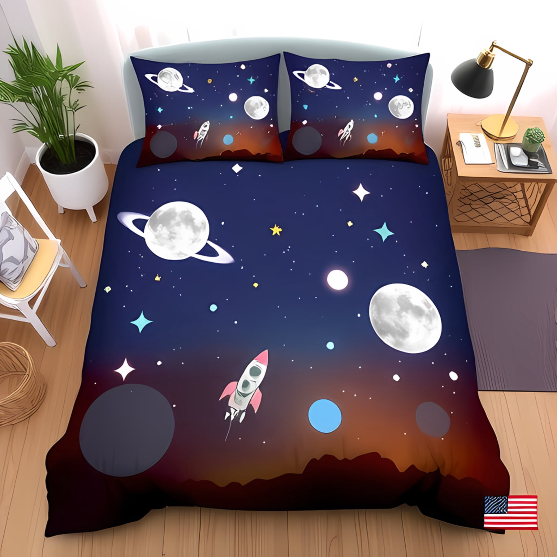 3-Piece Space-Themed Duvet Cover Set - Vibrant Night Sky with Planets ...
