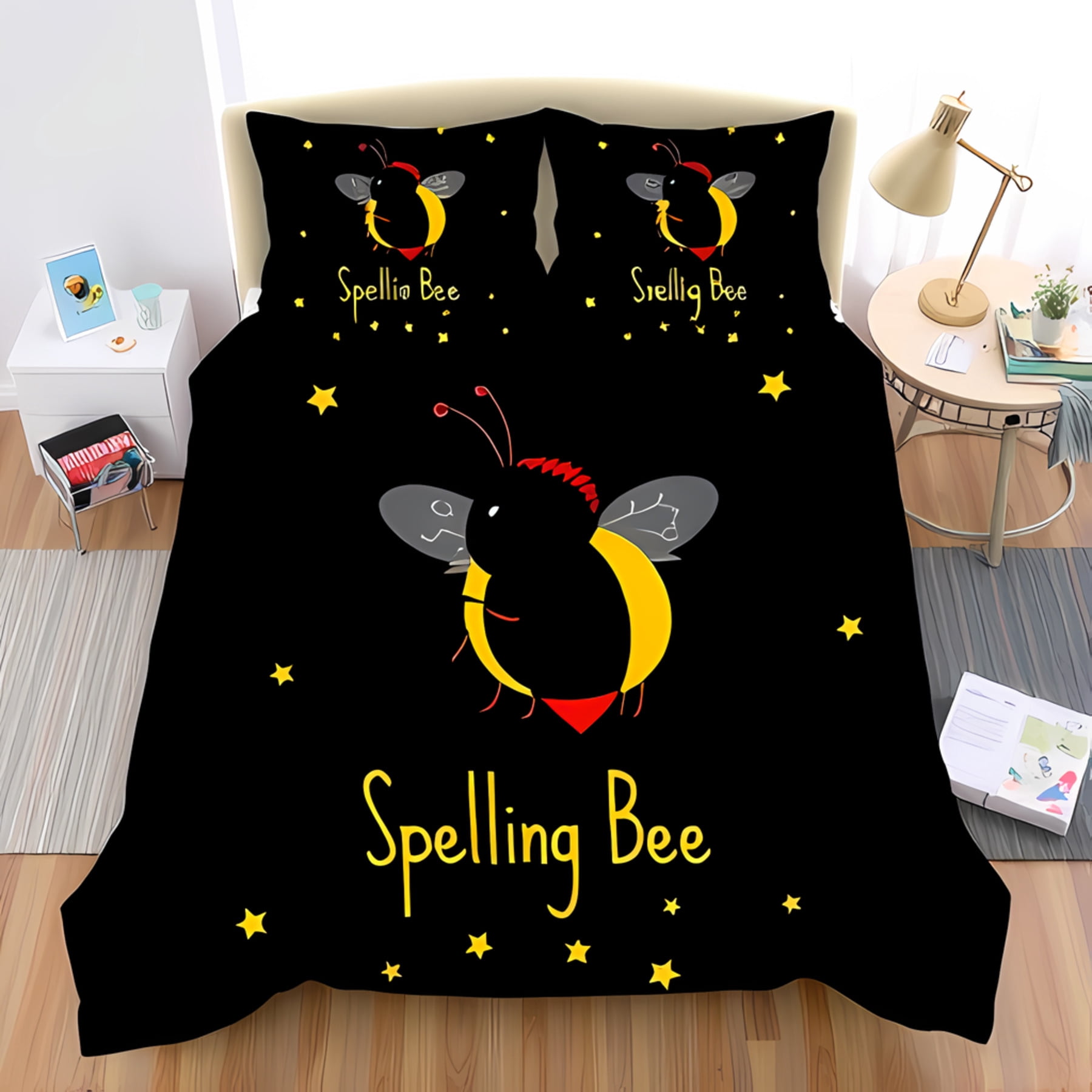 3-Piece Spelling Bee Duvet Cover Set - Cheerful Cartoon Bee Design with ...