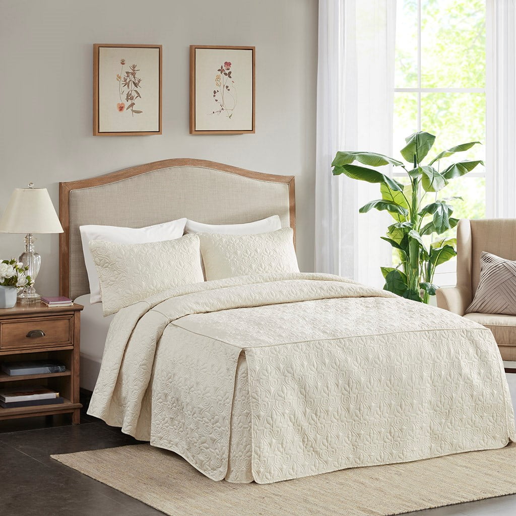 3 Piece Split Corner Pleated Quilted Bedspread Cream Queen - Walmart.com